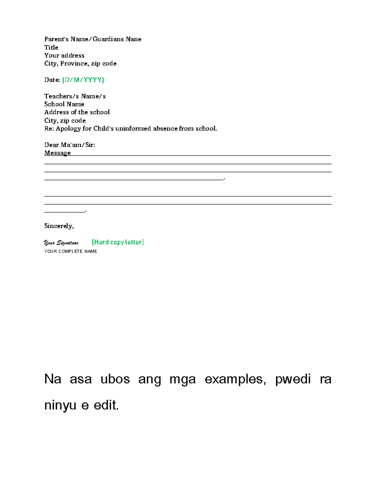 Excuse letters sample - Parent's Name/Guardians Nane Title Your address ...