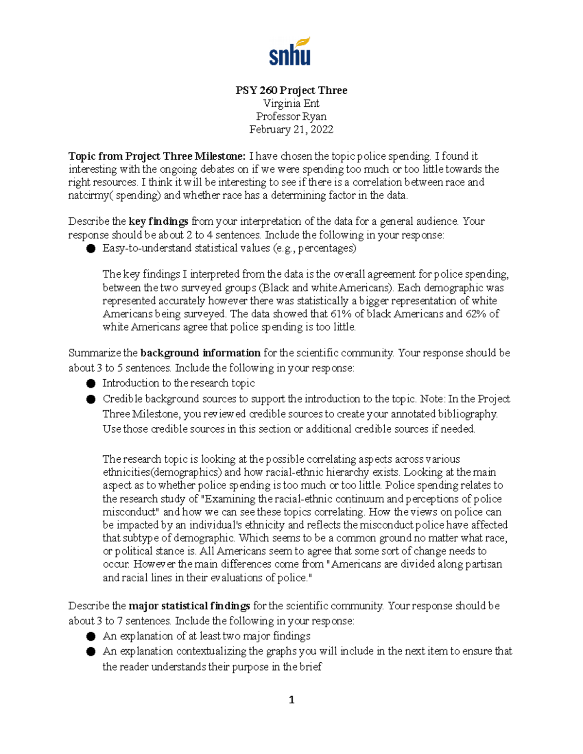 PSY260 Project Three statistical lit - PSY 260 Project Three Virginia Ent Professor Ryan ...