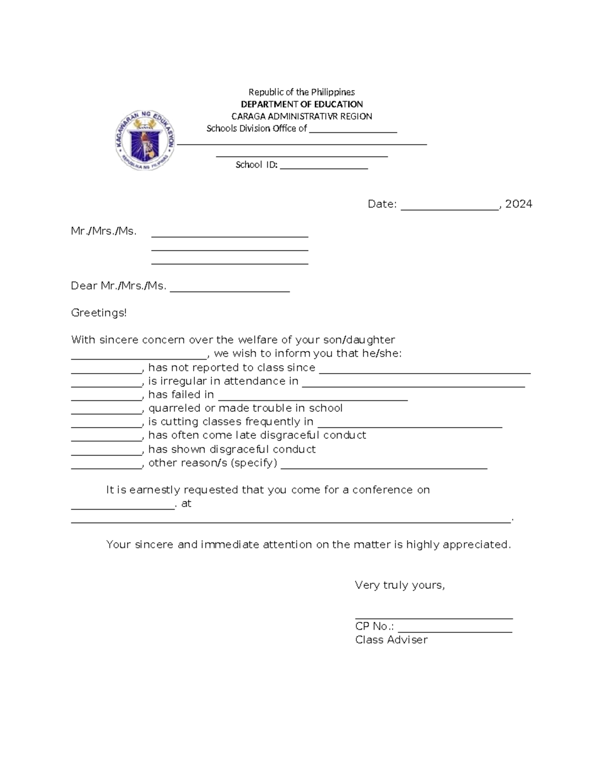 Call parent form - Republic of the Philippines DEPARTMENT OF EDUCATION ...