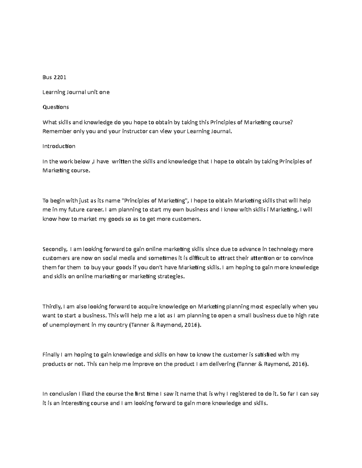 Bus 2201-learning journal unit 1 - Bus 2201 Learning Journal unit one ...