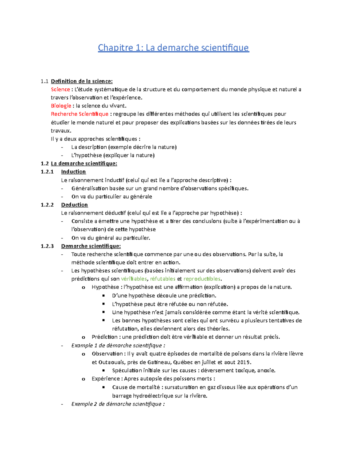 Notes - Chapitre 1: La demarche scientifique 1 de la science : Science ...