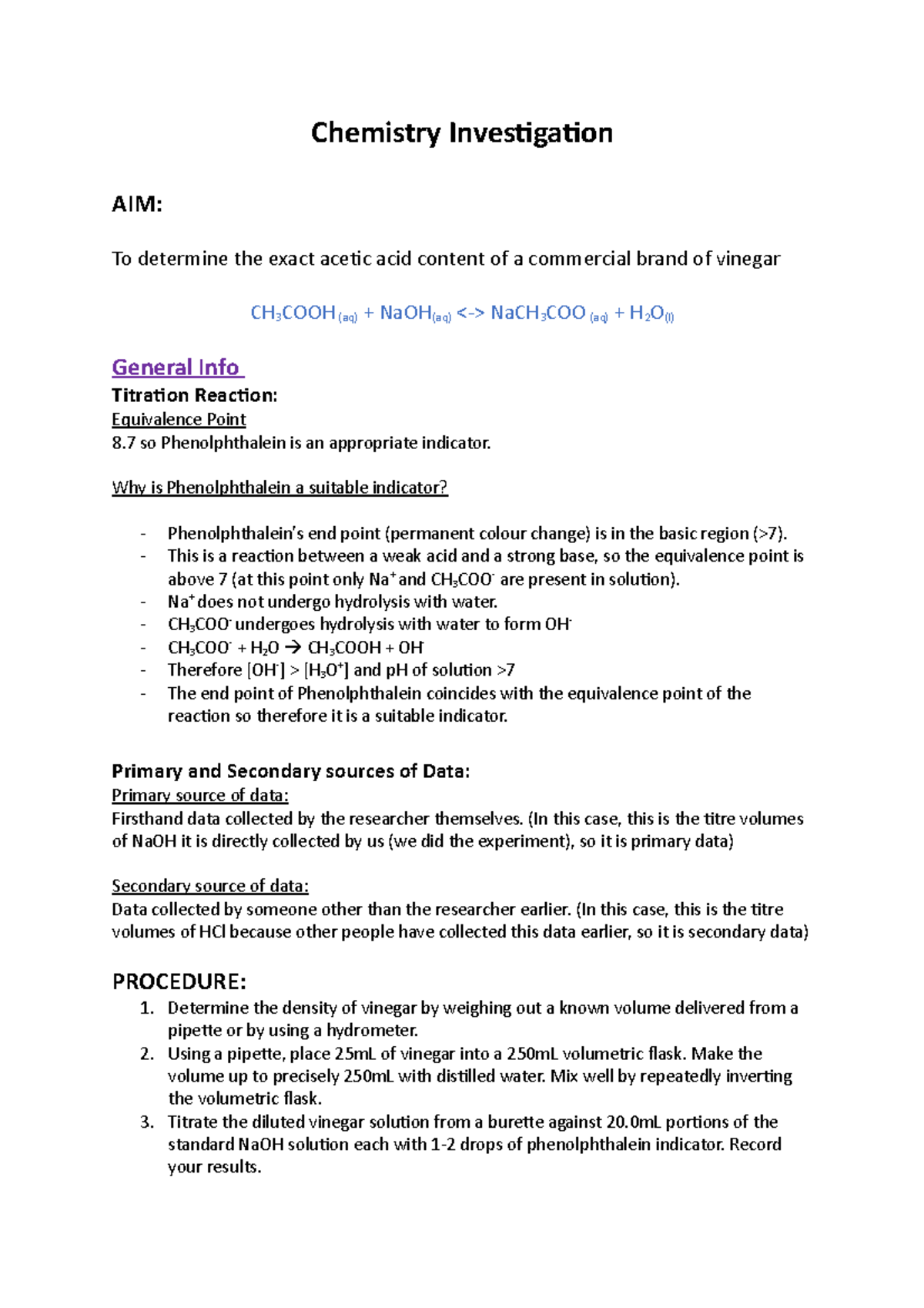 Chemistry Investigation - Chemistry Investigation AIM: To determine the ...