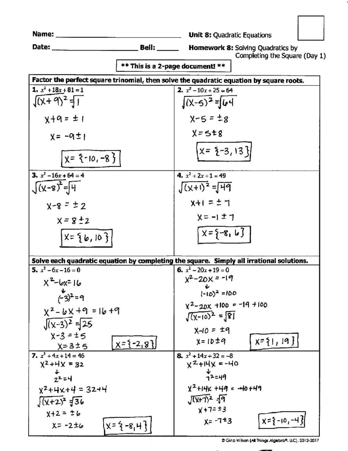 9.5 Complete the Square KEY - Math260 - Studocu