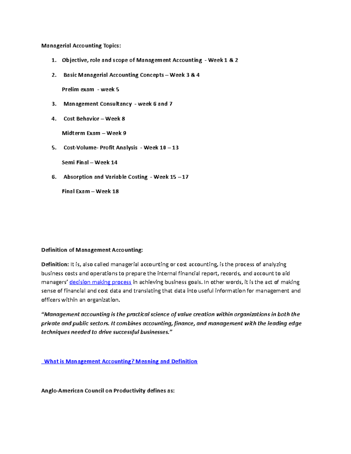Managerial Accounting topics coverage - Managerial Accounting Topics ...
