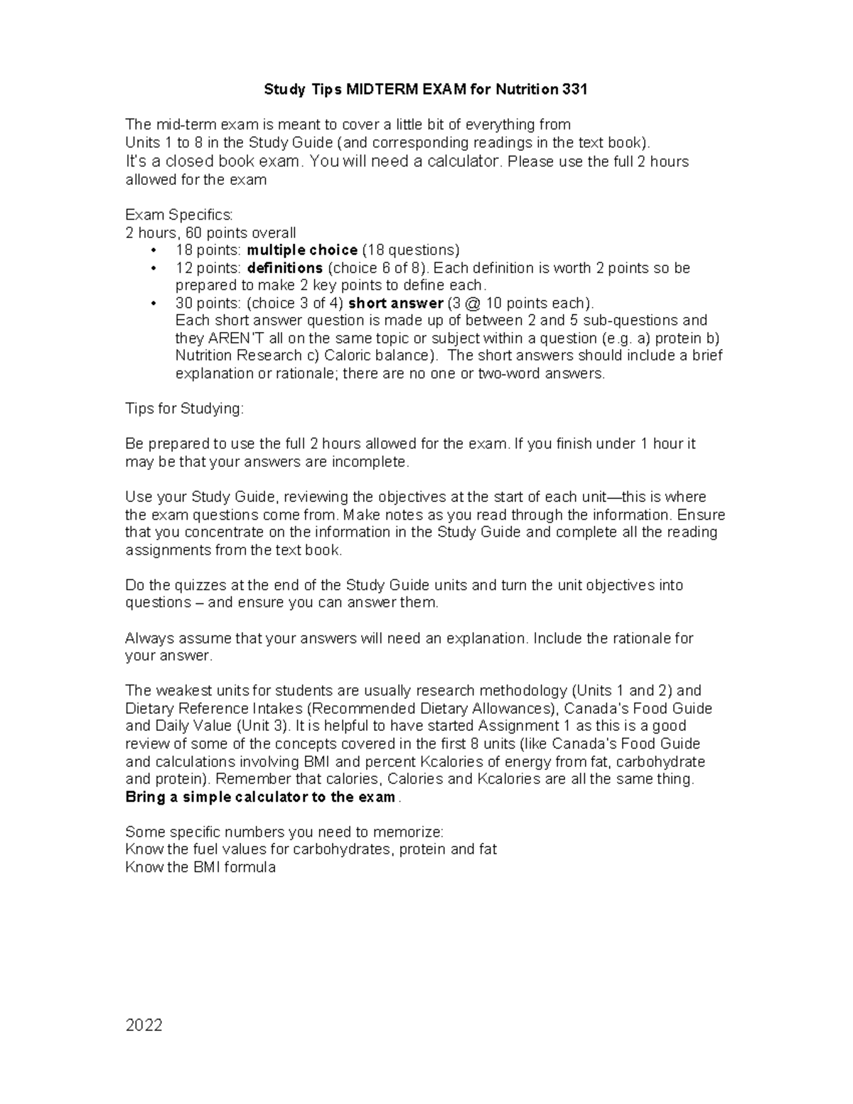 Study Tips Midterm EXAM Nutr 331 (V12) - Study Tips MIDTERM EXAM for ...