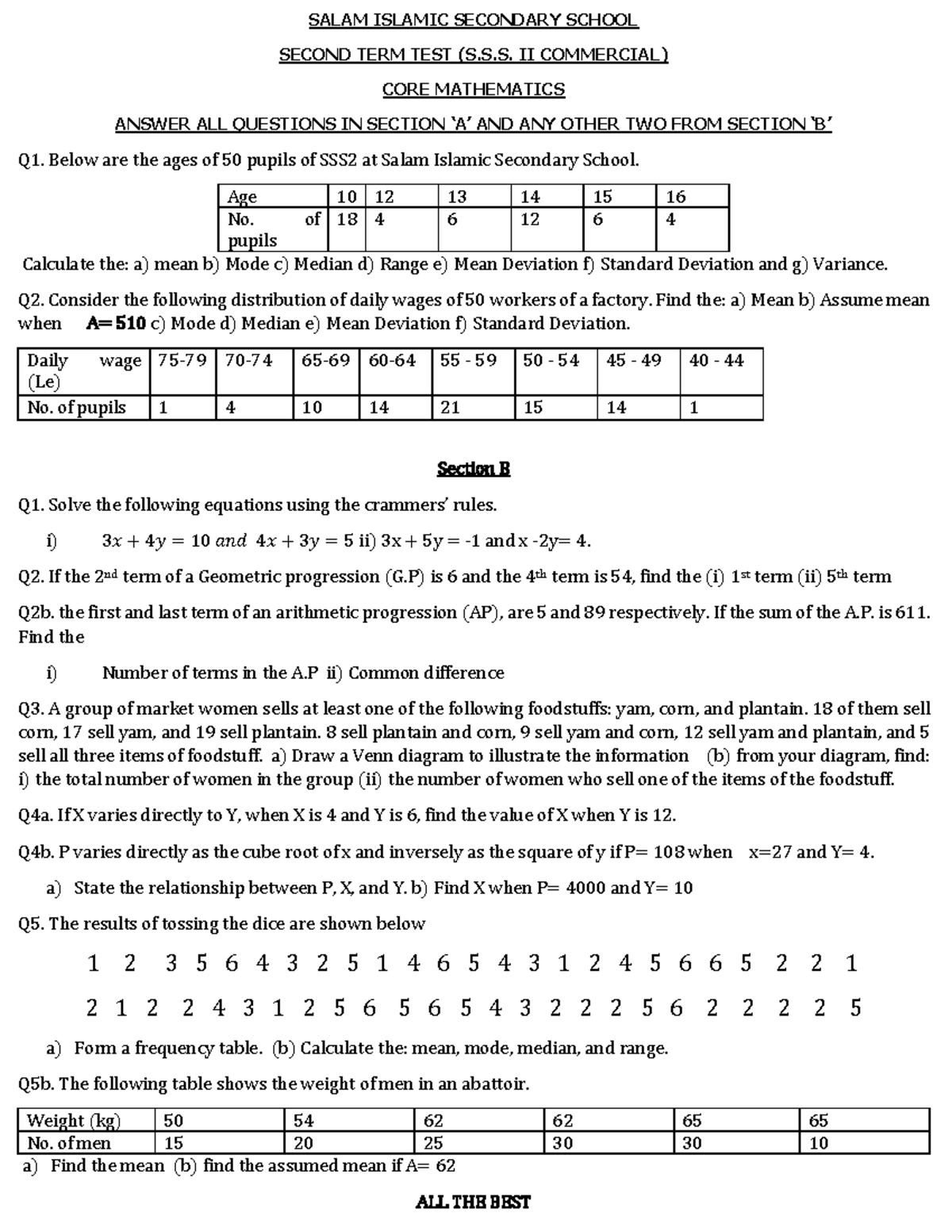 CORE. MATH - SALAM ISLAMIC SECONDARY SCHOOL SECOND TERM TEST (S.S. II ...
