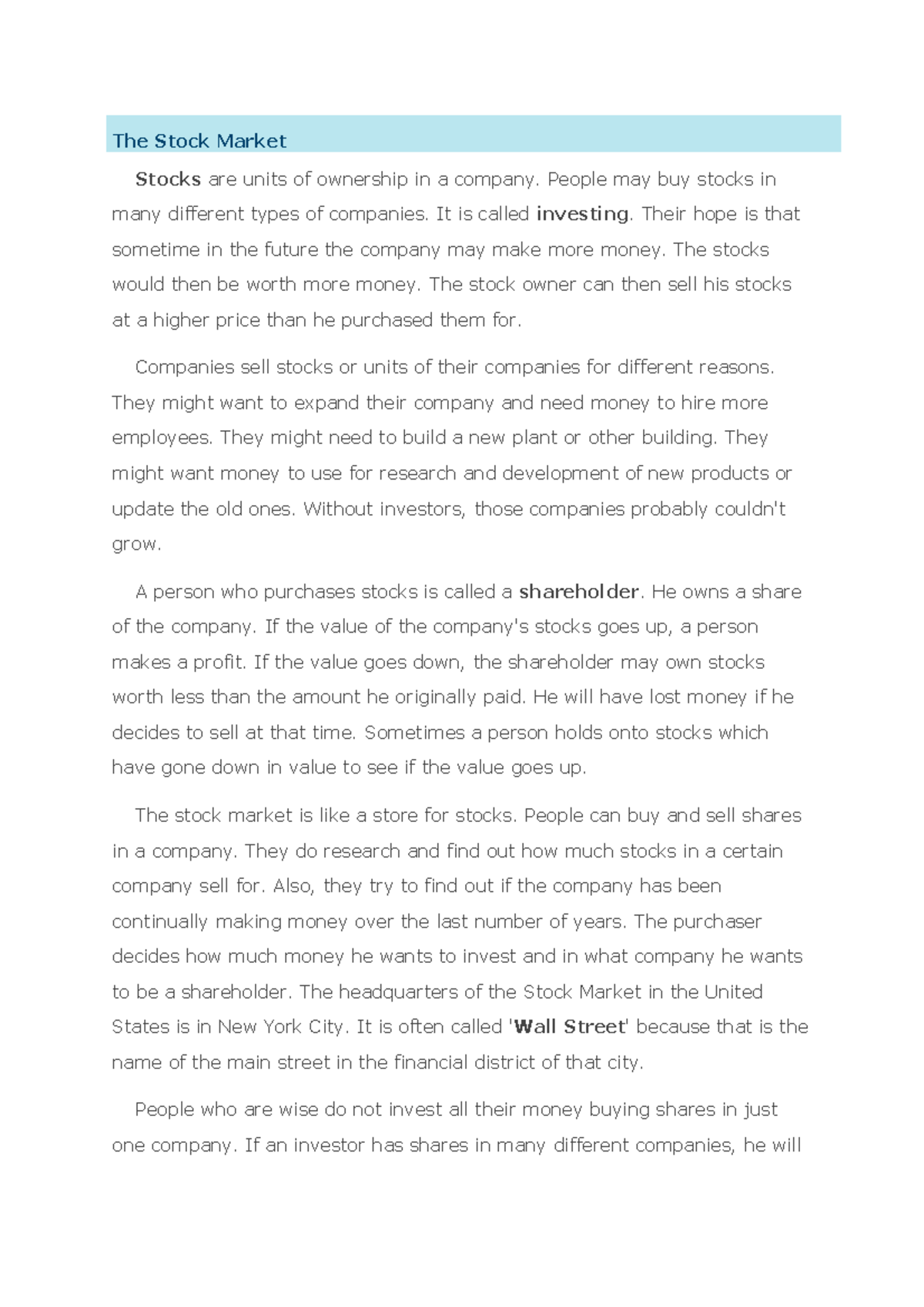 The Stock Market reading comprehension - The Stock Market Stocks are ...