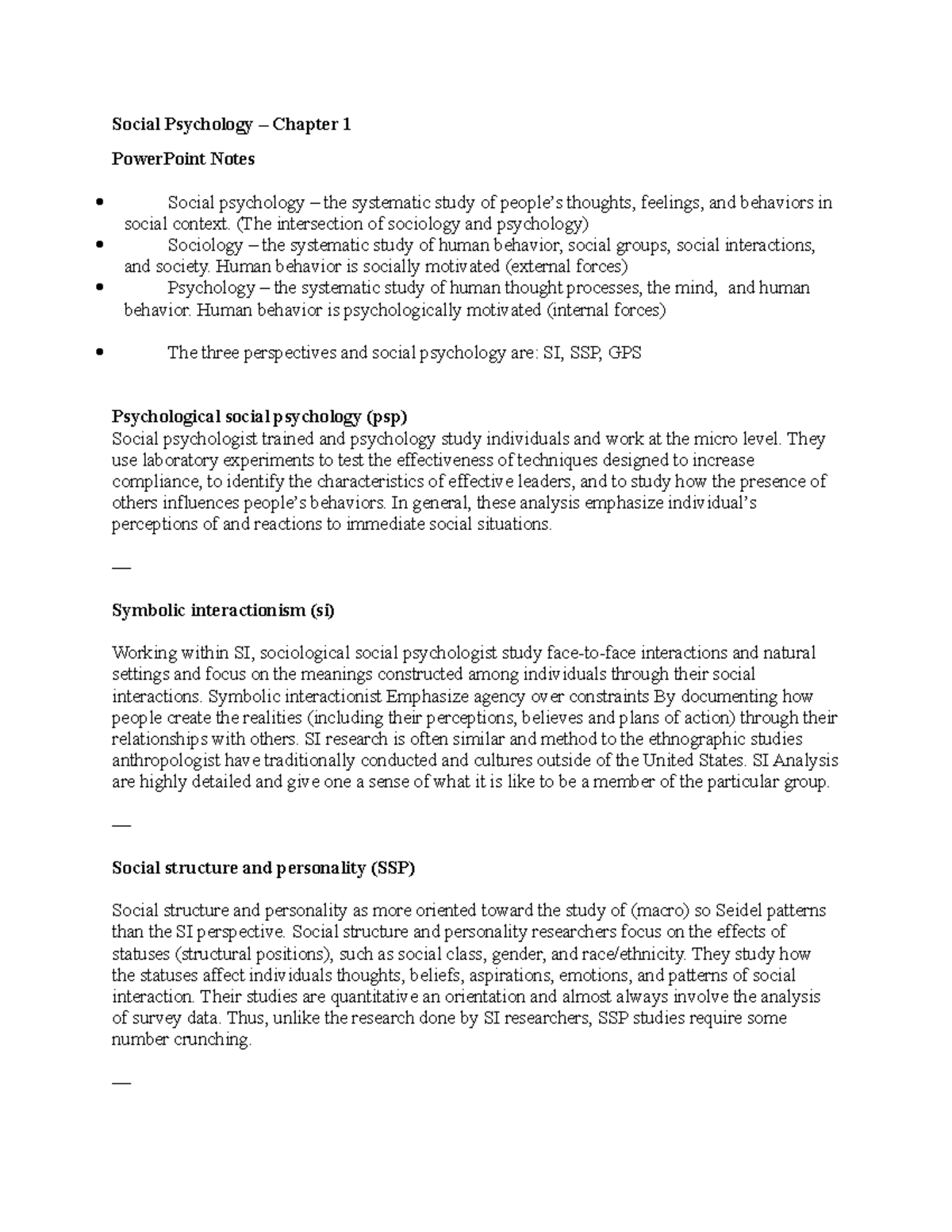 Social Psych Chapter 1 - Lecture notes 1 - Social Psychology – Chapter ...