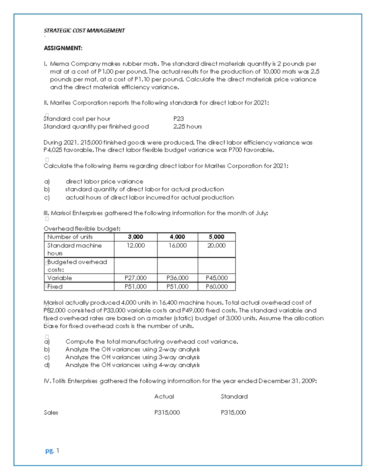 Assignment -Standard Costing - STRATEGIC COST MANAGEMENT ` pg. 1 ...
