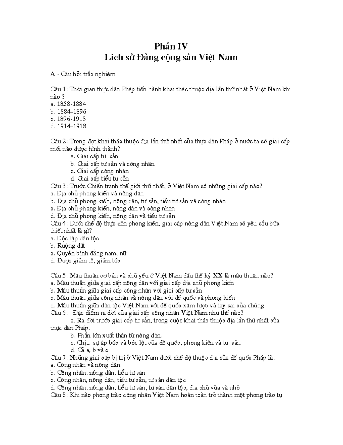 Kenhsinhvien.vn-Lich su dang - Ph«n IV Lich sˆ ß∂ng cÈng s∂n Vi÷t Nam A - C©u h·i træc nghi÷m C ...