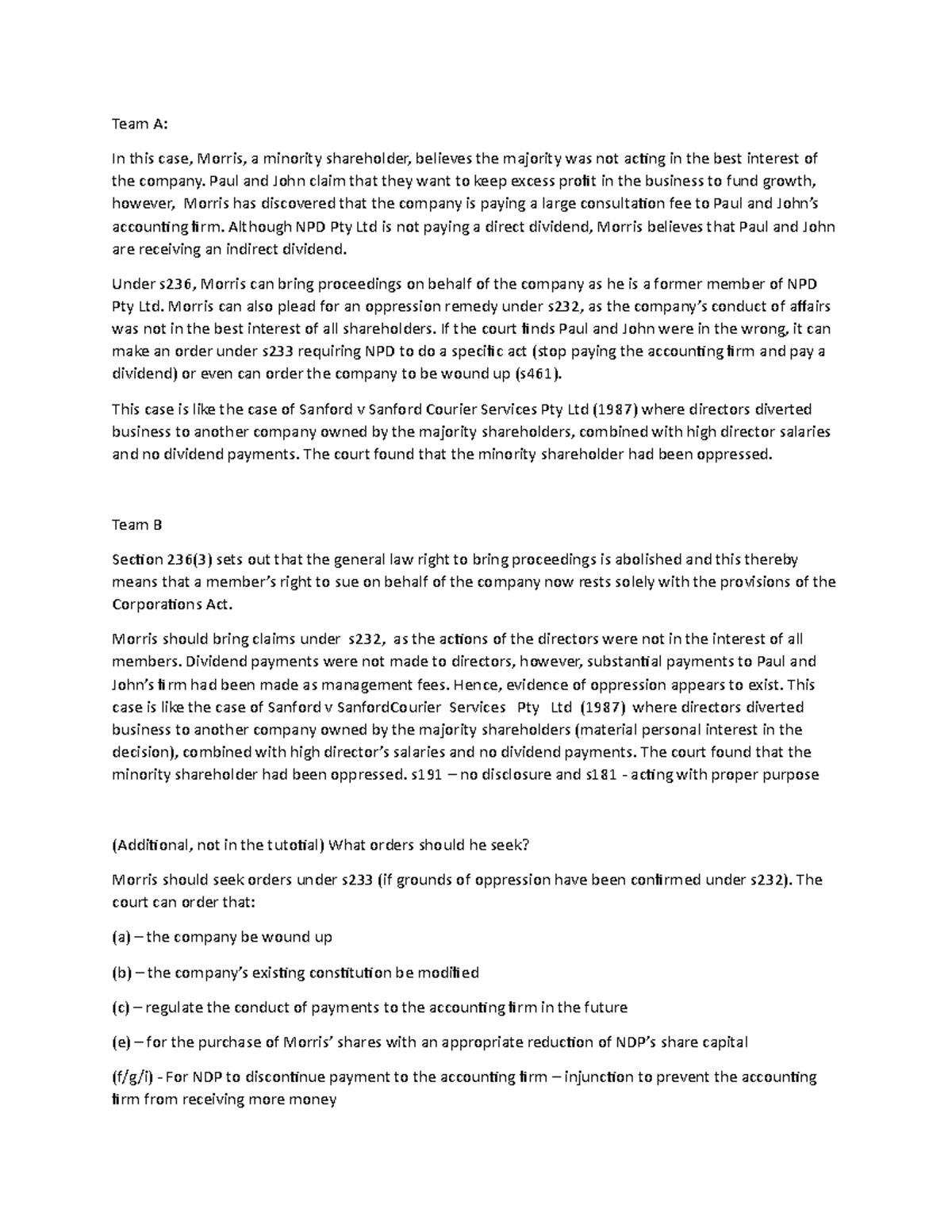 ACCG2051 Tutorial W10 - Team A: In this case, Morris, a minority ...