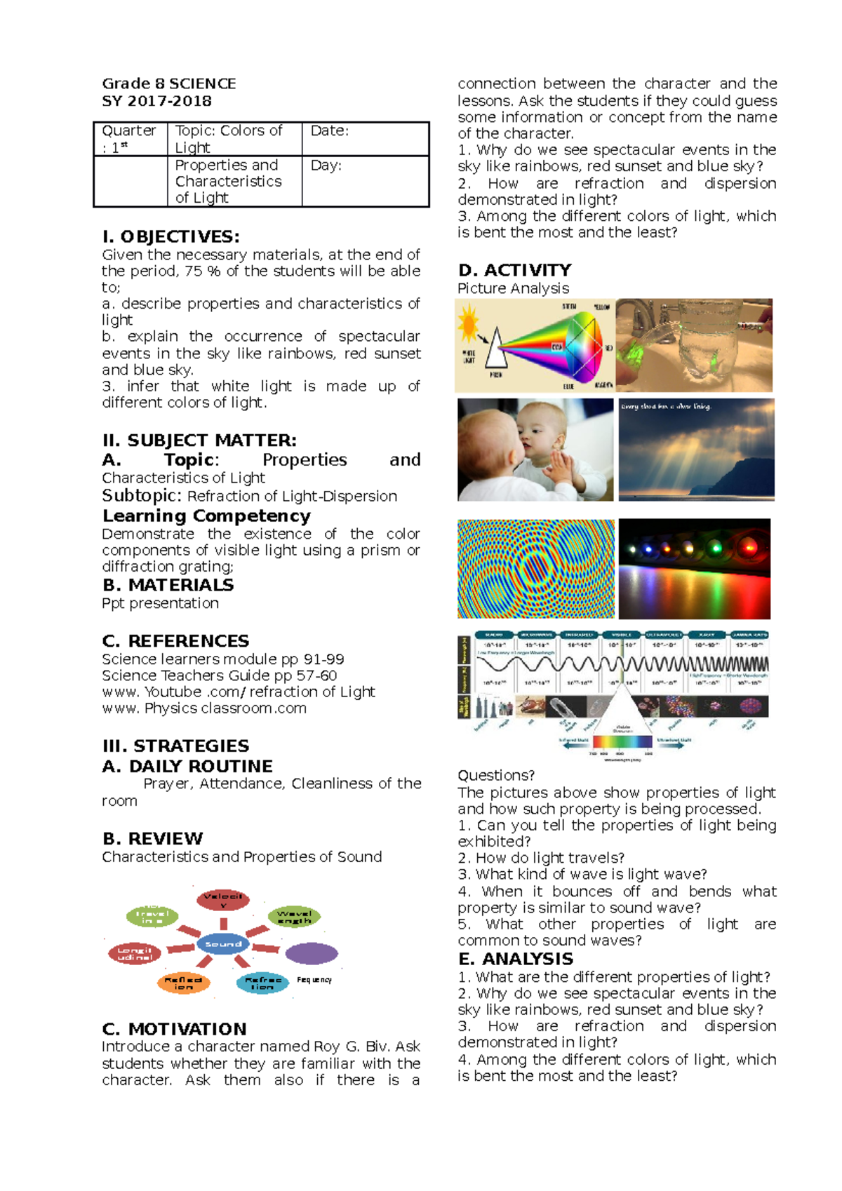 356246628 Colors and Light lesson plan - Grade 8 SCIENCE SY 2017 ...