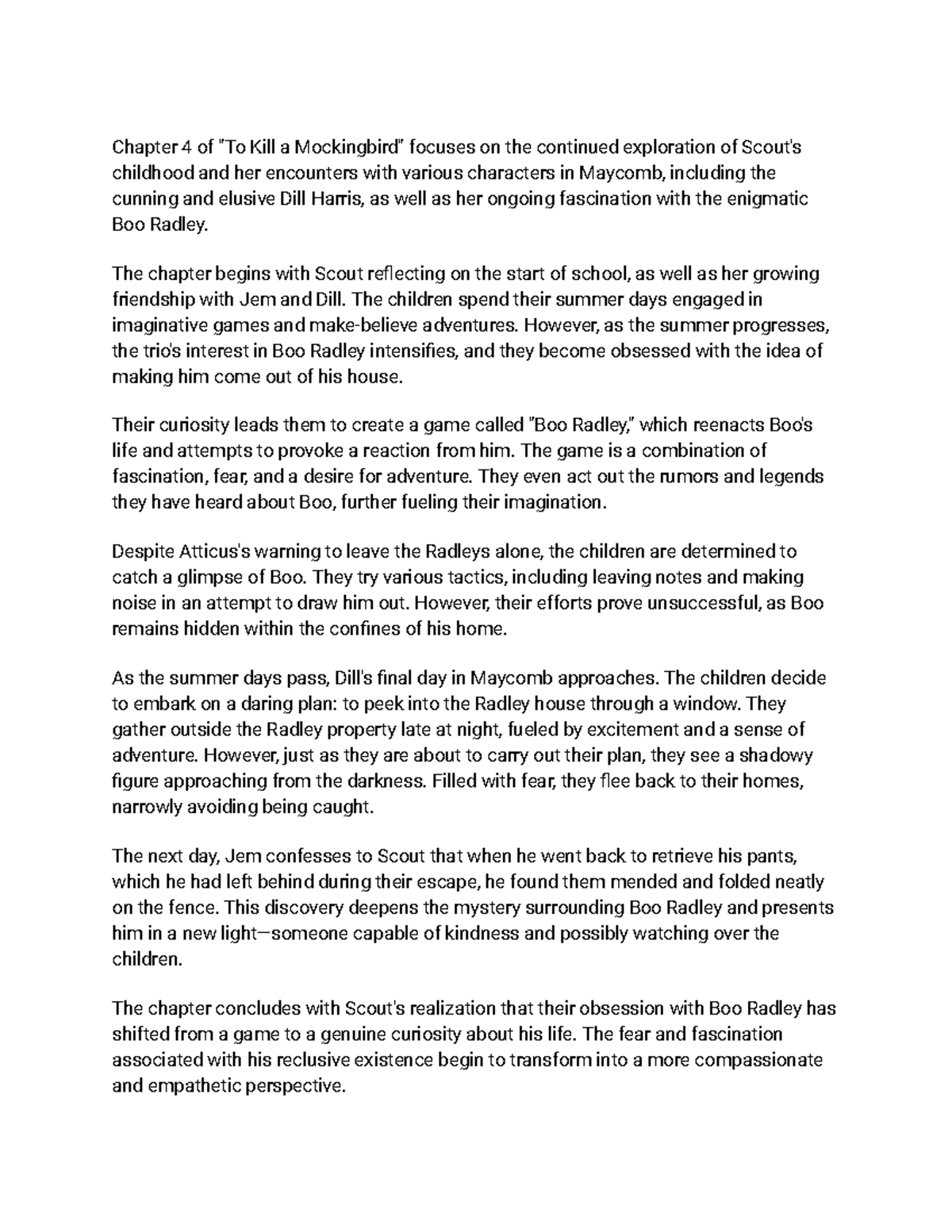 Chapter 4 - Chapter 4 of "To Kill a Mockingbird" focuses on the ...