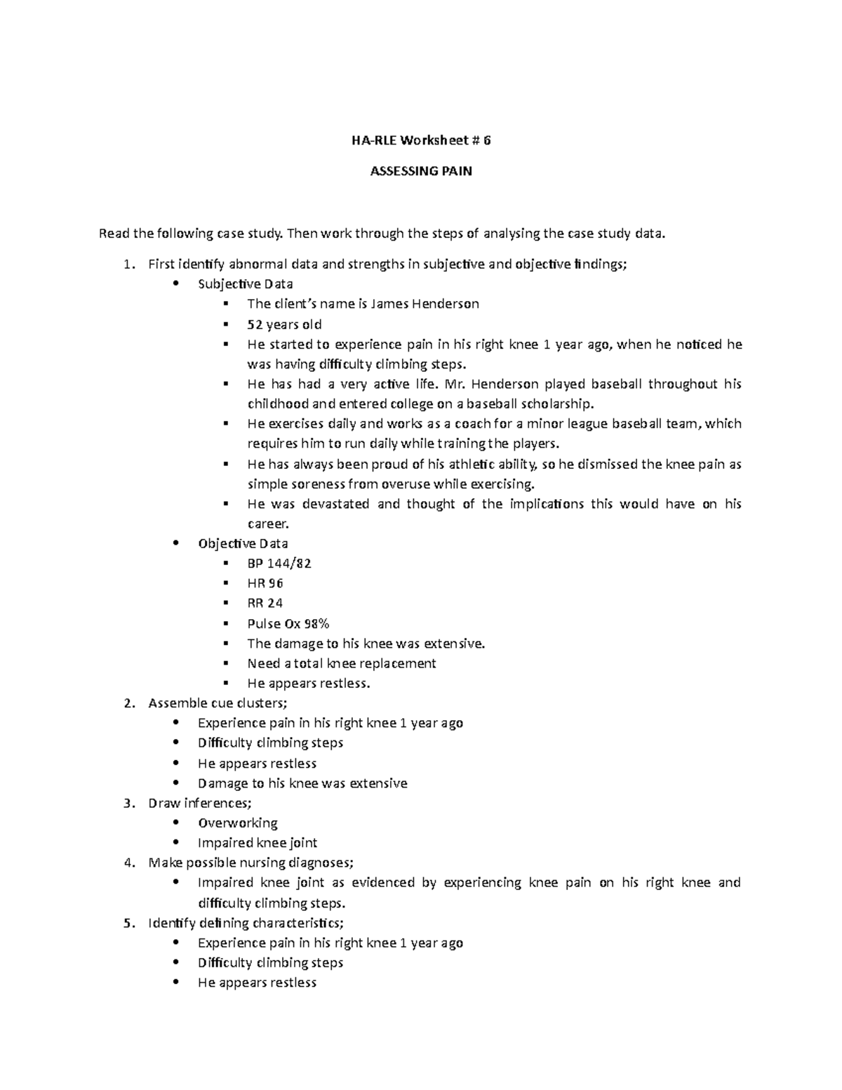 Assessing Pain (CASE Study) Health Assessment - HA-RLE Worksheet # 6 ...