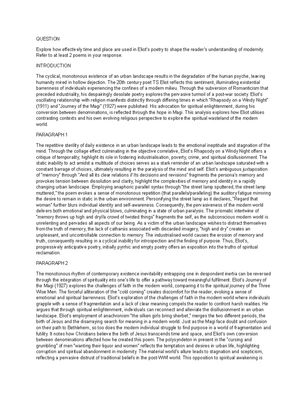 TS Eliot Essay 17/20 - QUESTION Explore how effectively time and place ...