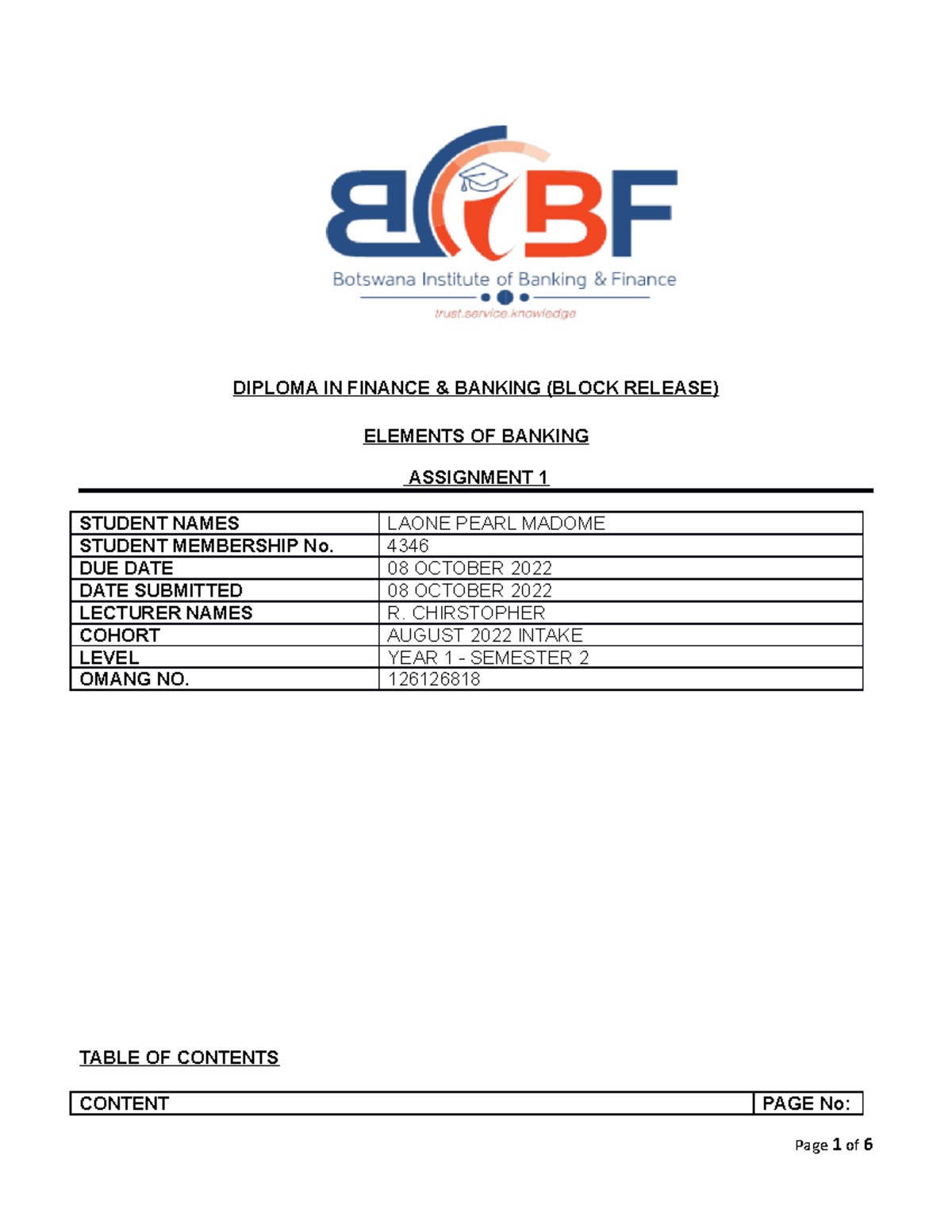 Assignment 1 Laone - DIPLOMA IN FINANCE & BANKING (BLOCK RELEASE ...