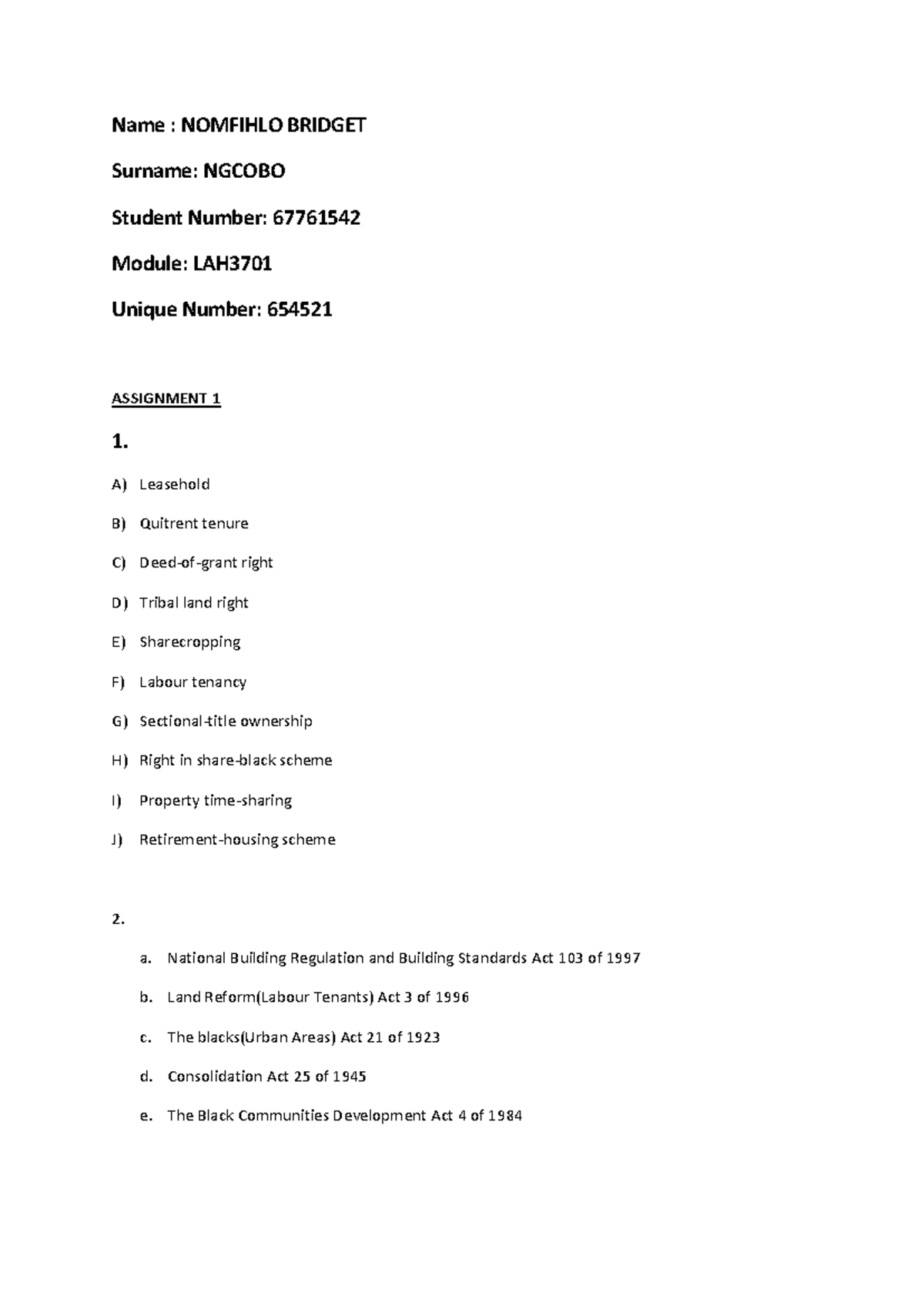 LAH3701 assignments - Name : NOMFIHLO BRIDGET Surname: NGCOBO Student Number: 67761542 Module ...