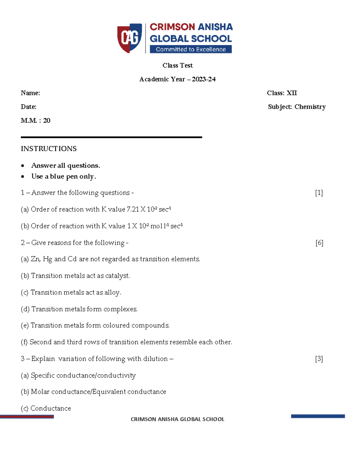 Class Test 4-9-23 - the best school - CRIMSON ANISHA GLOBAL SCHOOL ...