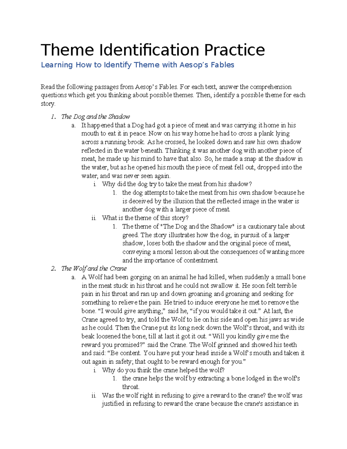 Theme Identification Practice Completed - Theme Identification Practice ...