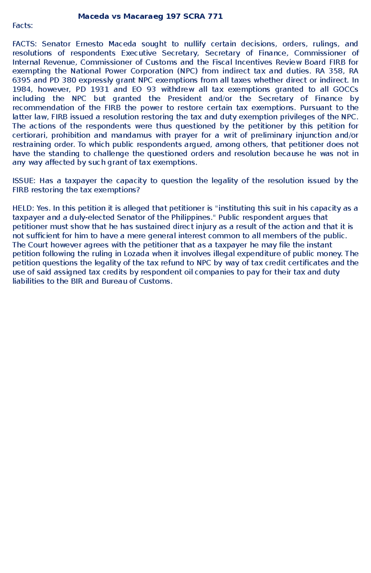 Maceda vs Macaraeg 197 SCRA 771 - Maceda vs Macaraeg 197 SCRA 771 Facts ...