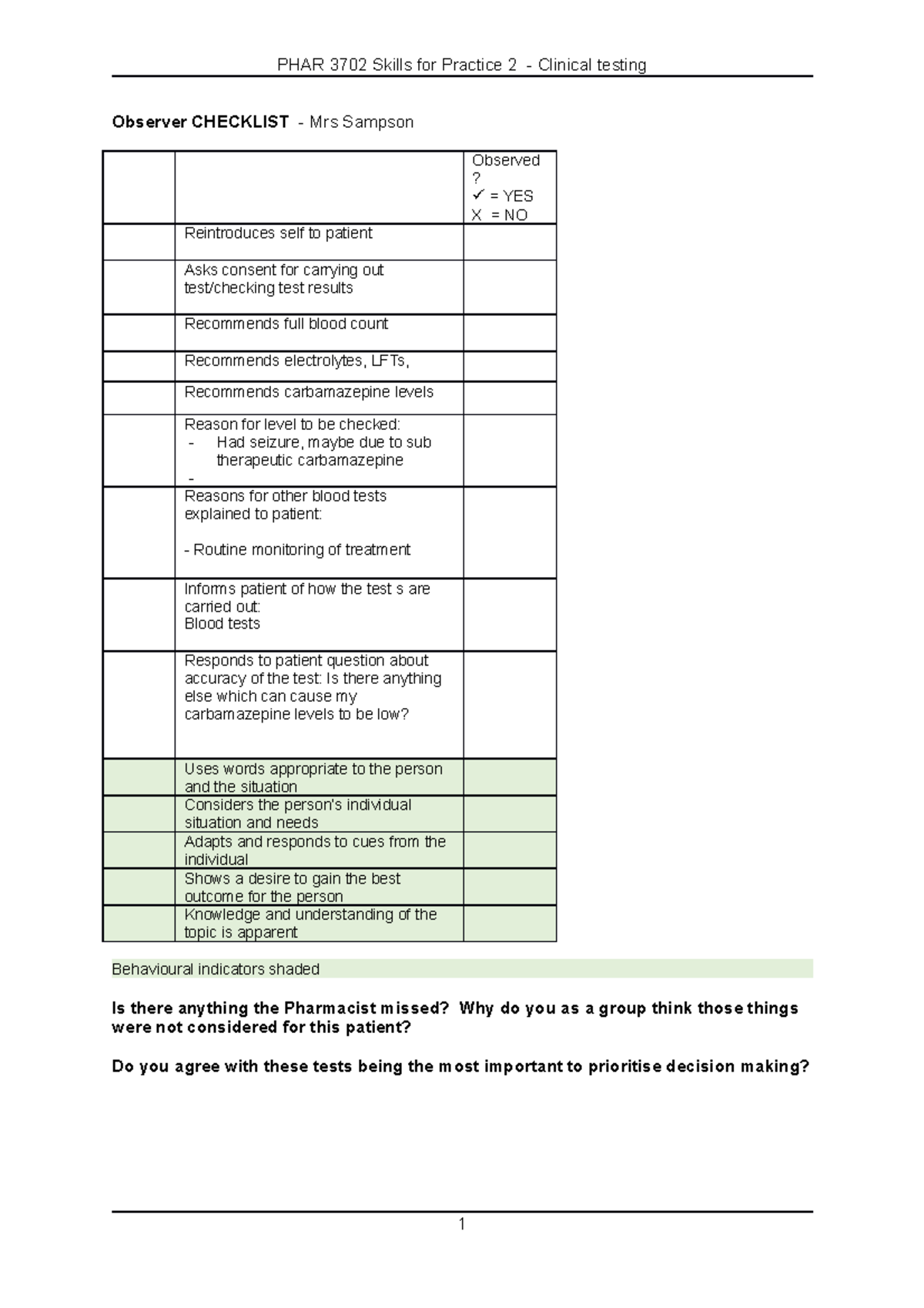 Mrs Sampson part II - Observer checklist - PHAR 3702 Skills for ...
