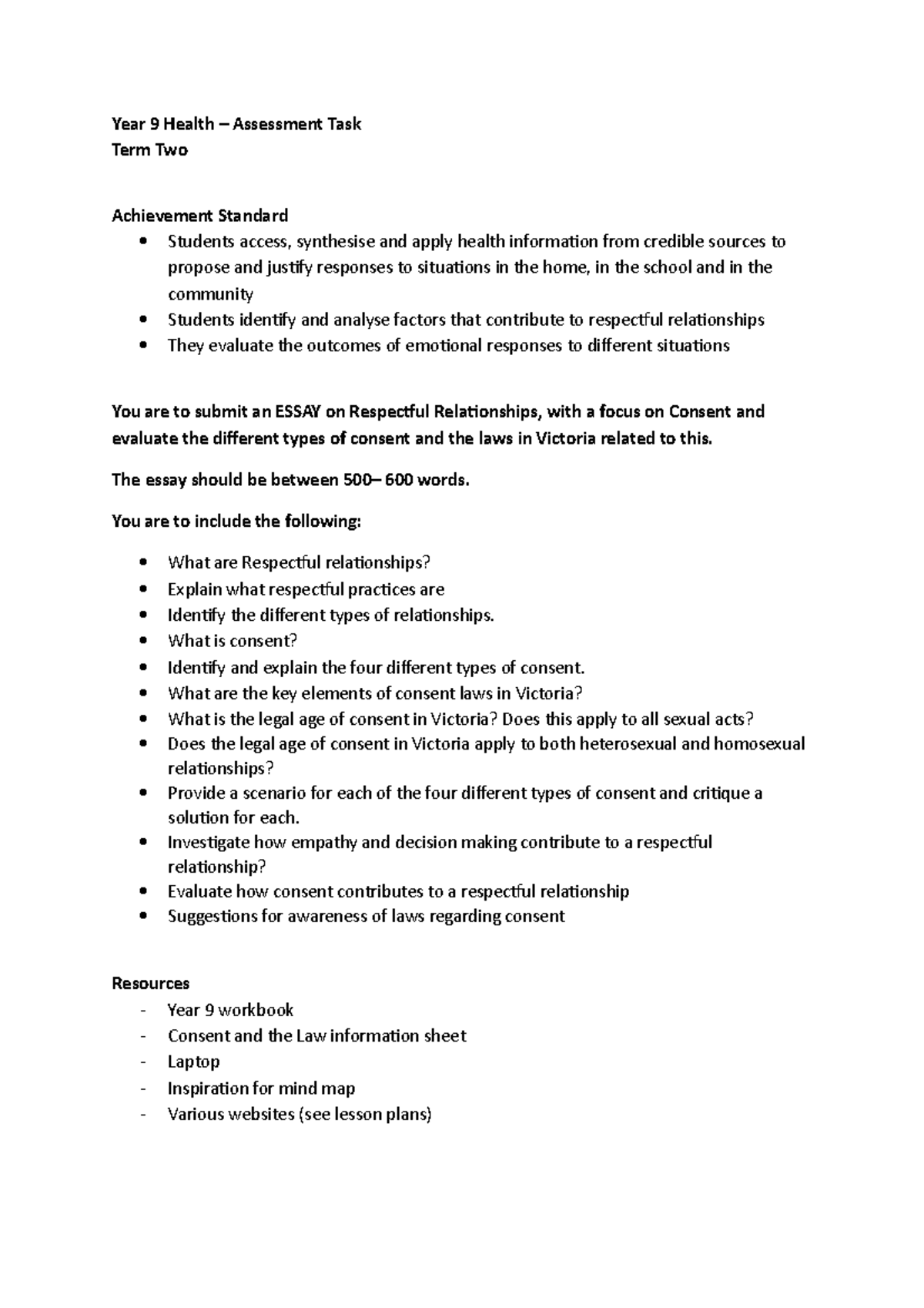 Year 11 CAT 1 - Semester 1 - Year 9 Health – Assessment Task Term Two ...