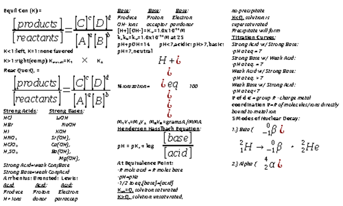 Chemistry 233 Final Notecard - Equil Con (K)= [products] [reactants ...