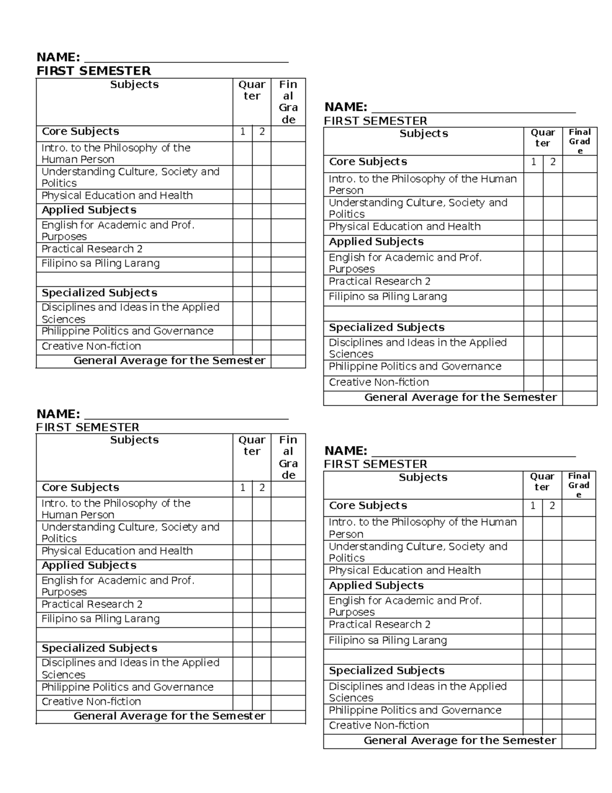 First Semester Grade SLIP - NAME: FIRST SEMESTER Subjects Quar ter Fin ...