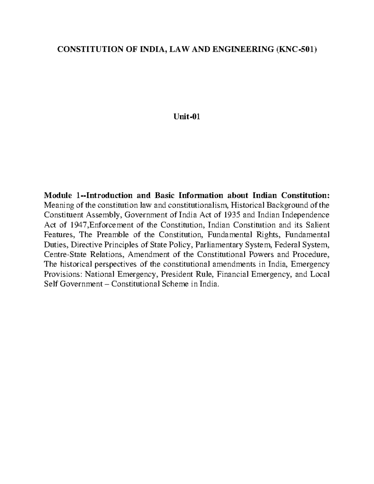 Unit-01 COI - CONSTITUTION OF INDIA, LAW AND ENGINEERING (KNC-501) Unit ...