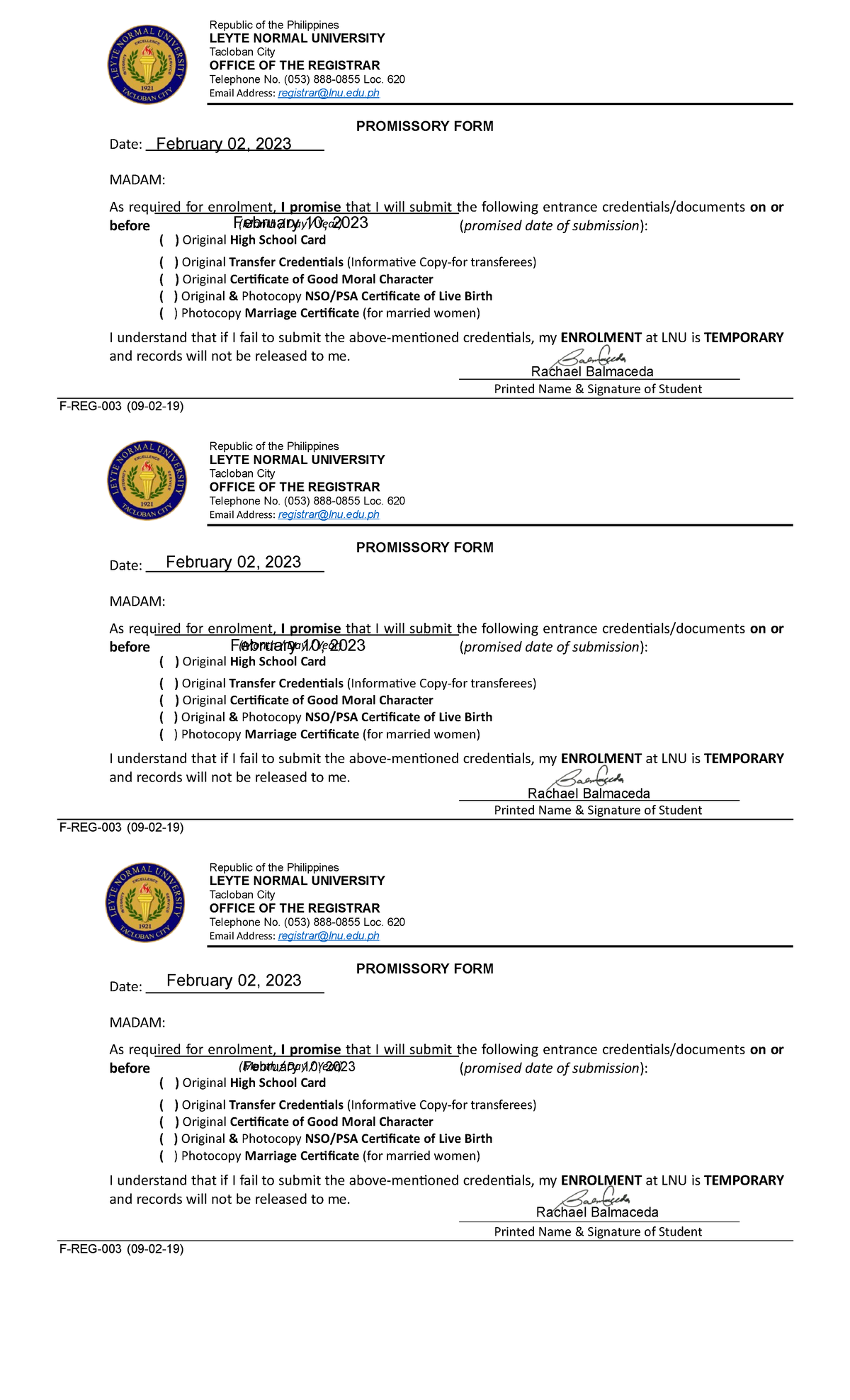 F REG 003 Promissory FORM copy copy - Republic of the Philippines LEYTE ...
