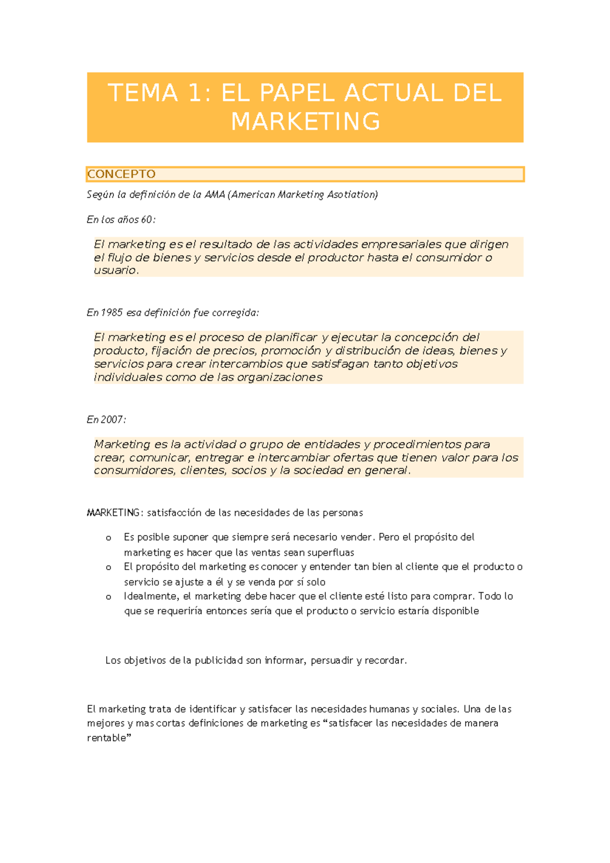 TEMA 4 marketing - TEMA 1: EL PAPEL ACTUAL DEL MARKETING CONCEPTO Según ...