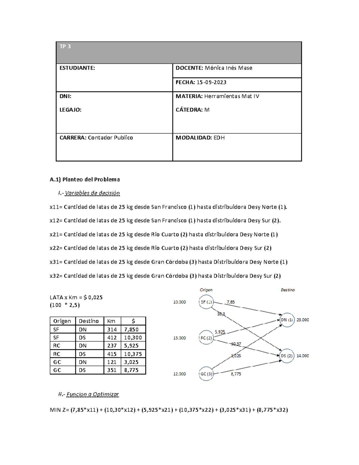 TP3 - MAT 4 - APROBADO CON 95 - TP 3 ESTUDIANTE: DOCENTE: Mónica Inés Mase FECHA: 15 - 09 - 2023 ...