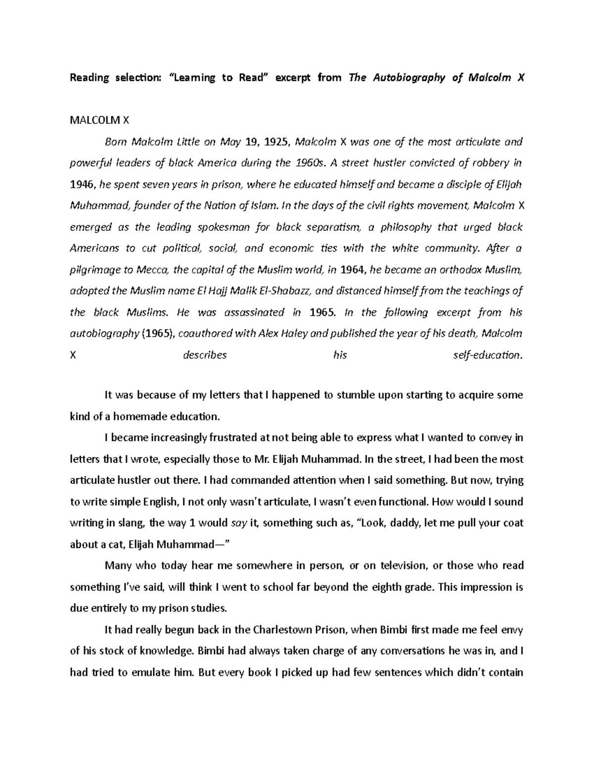 ENGL 240 Week 2 Discussion Forum - Reading selection: “Learning to Read” excerpt from The - Studocu