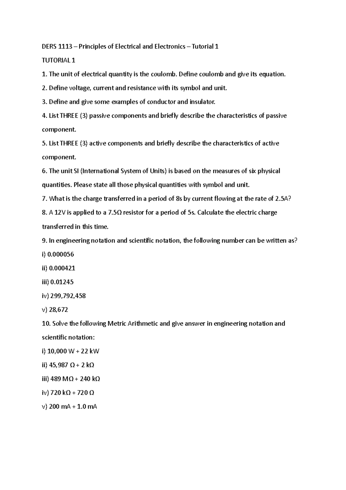 DERS 1113 - exercise - DERS 1113 – Principles of Electrical and Electronics – Tutorial 1 ...