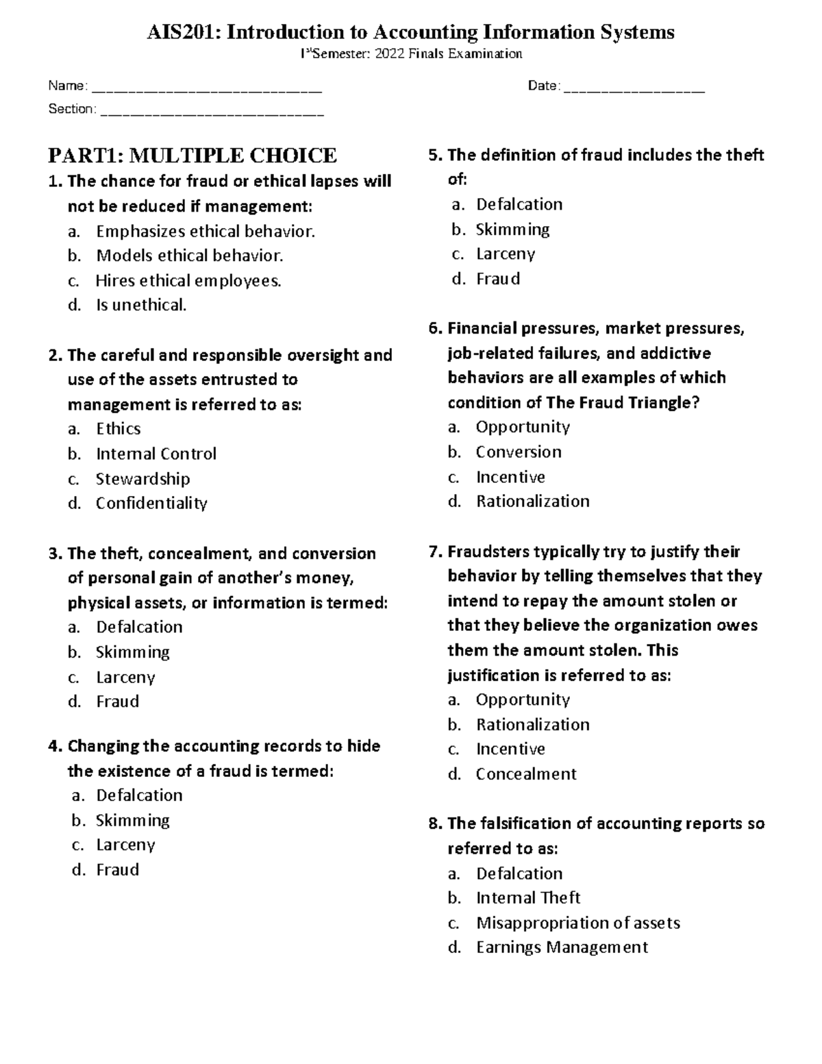 AIS Sample Final Exam - AIS201: Introduction to Accounting Information ...