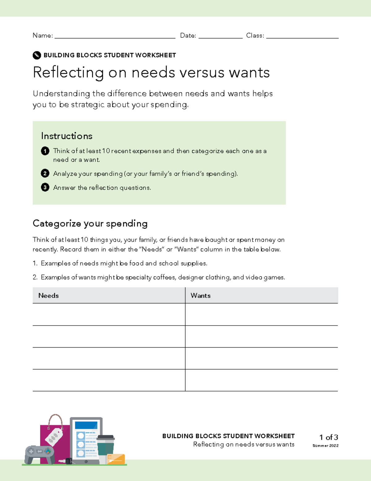 Cfpb building block activities reflecting-needs-versus-wants worksheet - Summer 2022 BUILD ING B ...