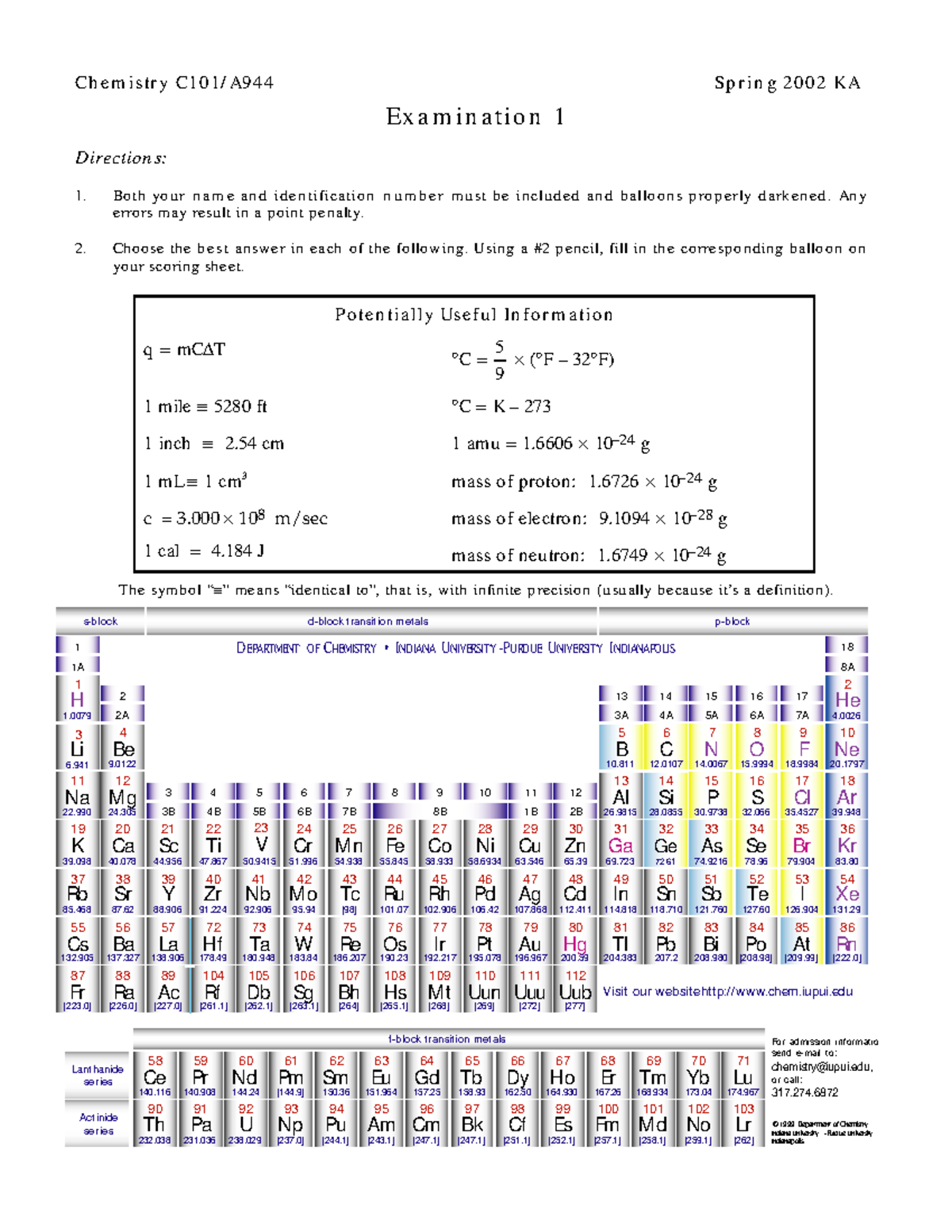 Exam 1 Spring 2022 - Exam practice given in class - Chem istr y C101 ...