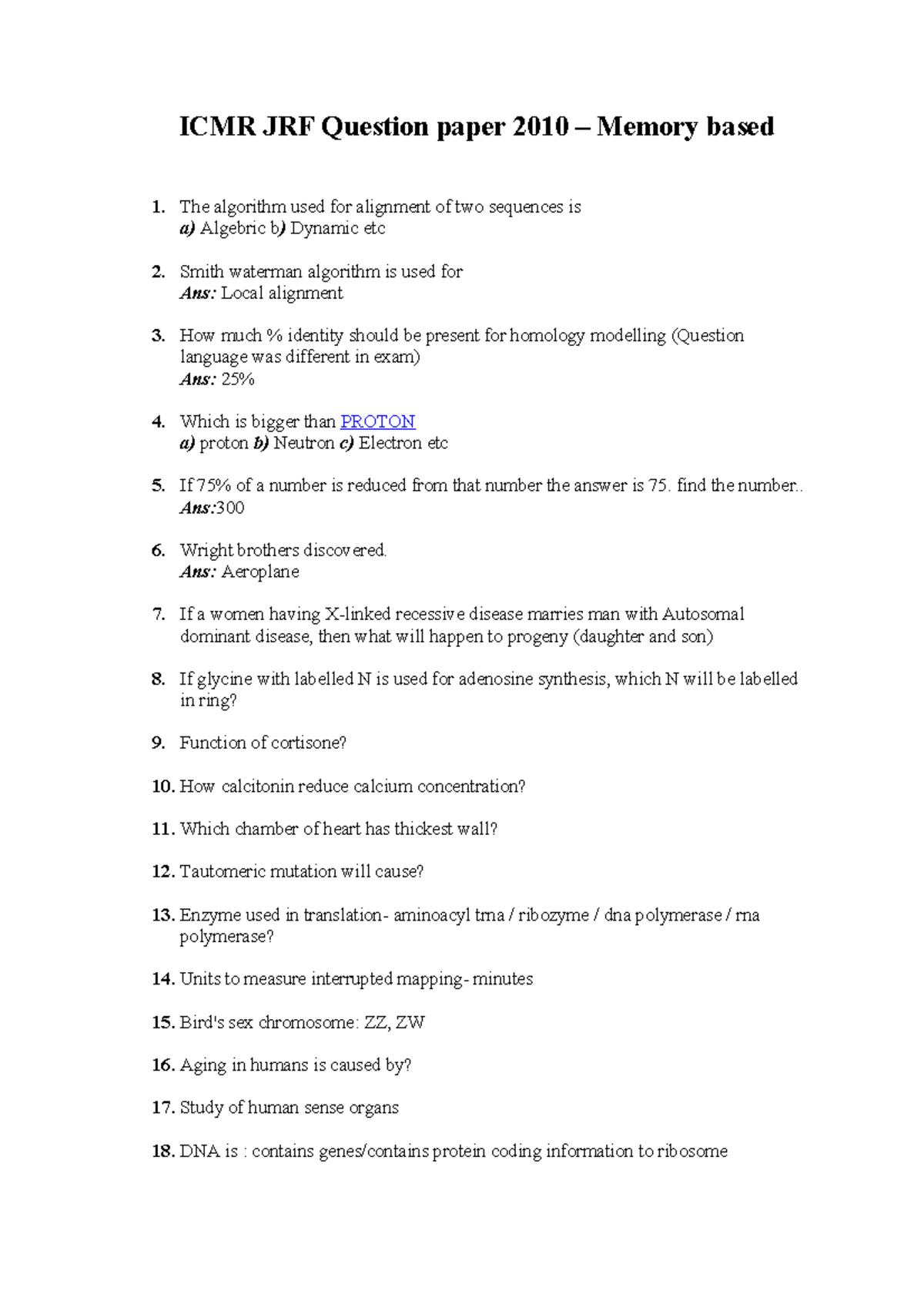 MCQ1 - MCQ for ICMR questionnaire - ICMR JRF Question paper 2010 ...