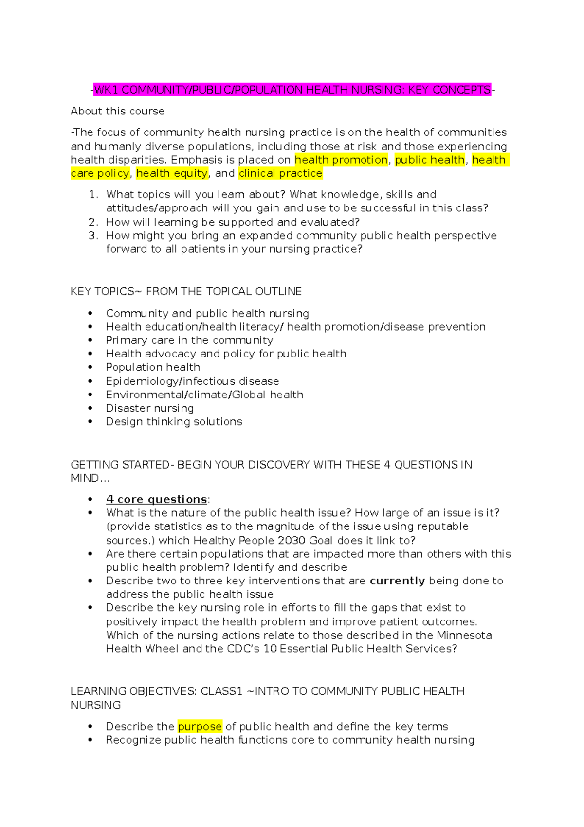 Community note - lecture notes - WK1 COMMUNITY/PUBLIC/POPULATION HEALTH ...