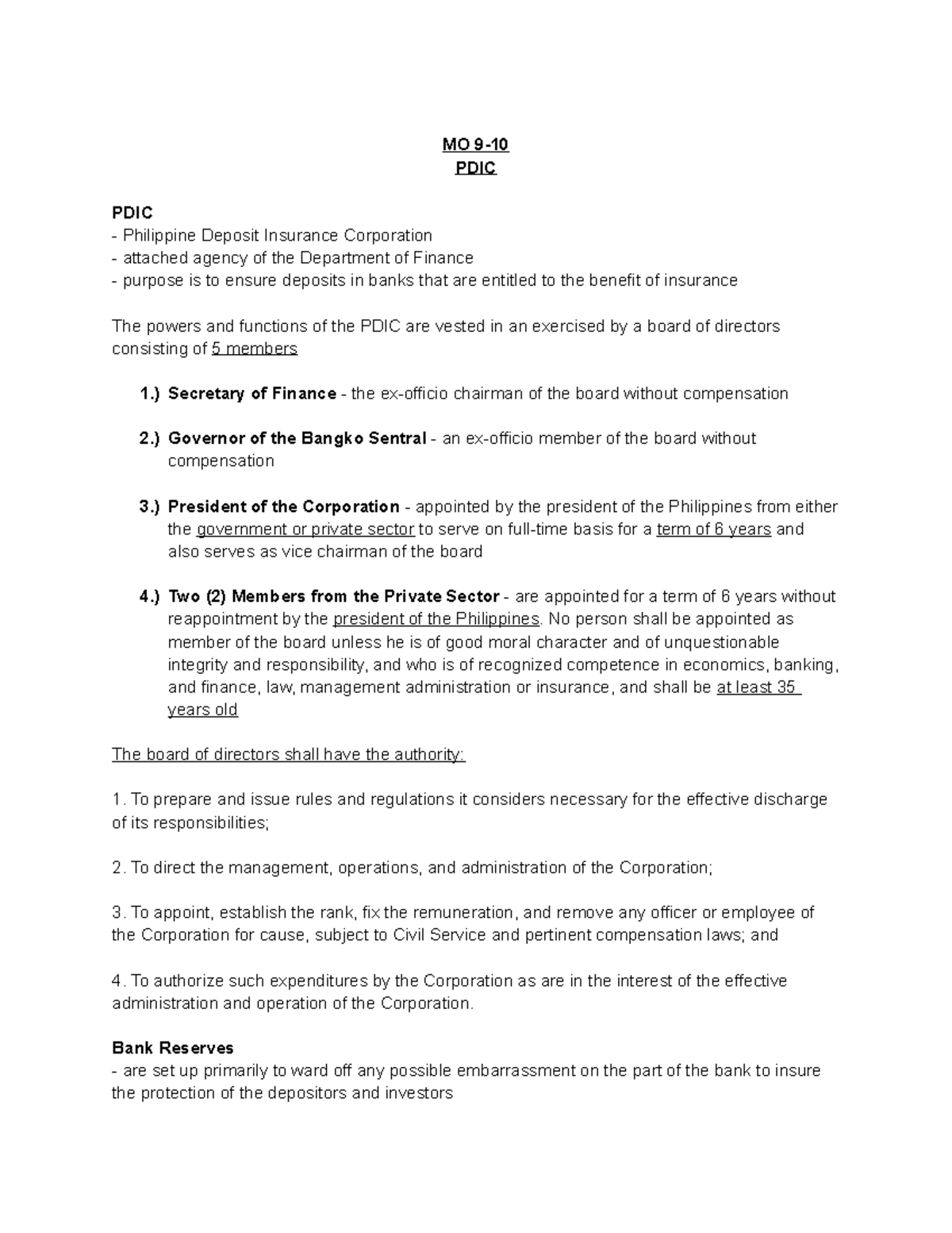 Bfi reviewer - MO 9- PDIC PDIC Philippine Deposit Insurance Corporation ...