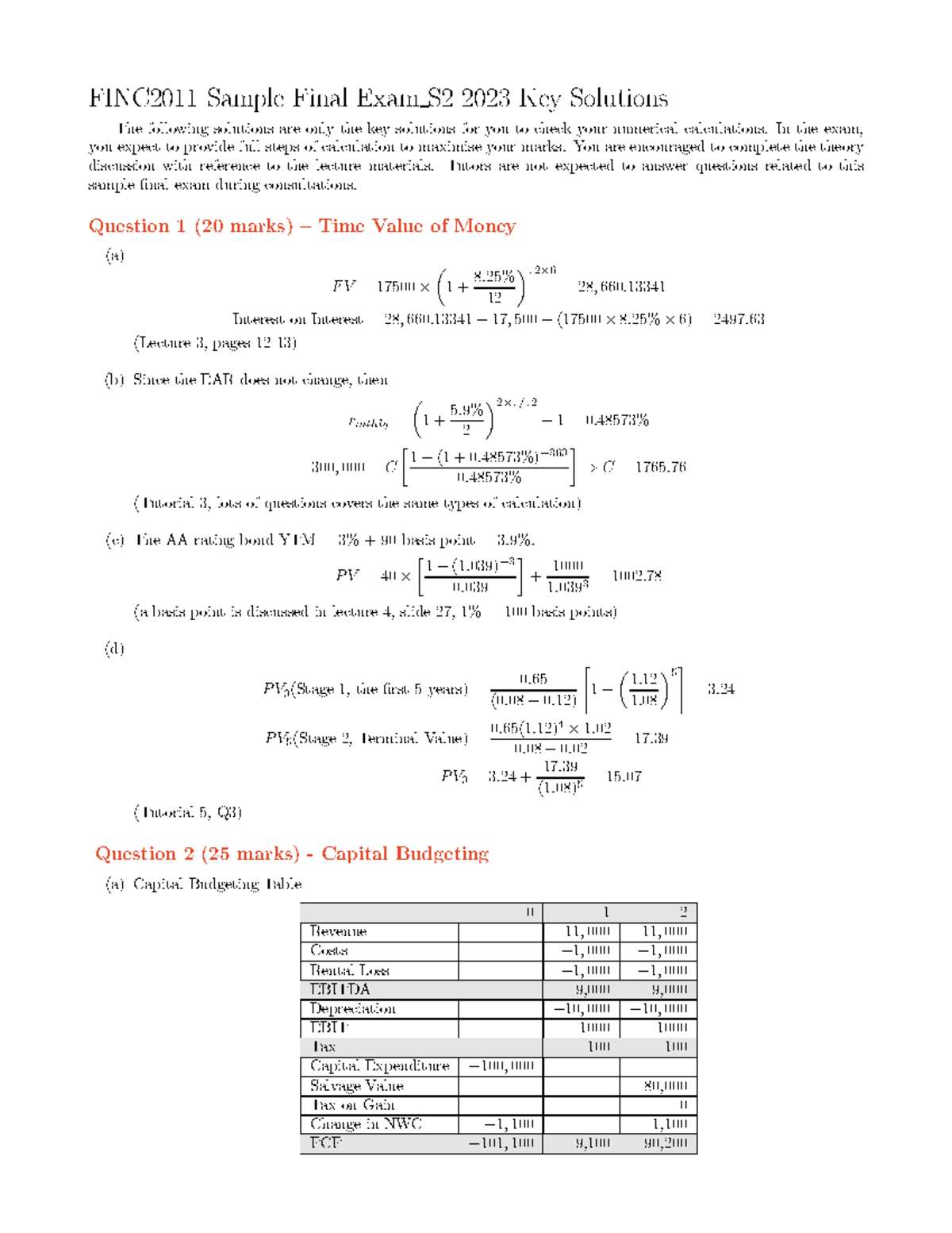 FINC2011-Sample-Final-Exam S2-2023Solution-1 - FINC 2011 Sample Final ...