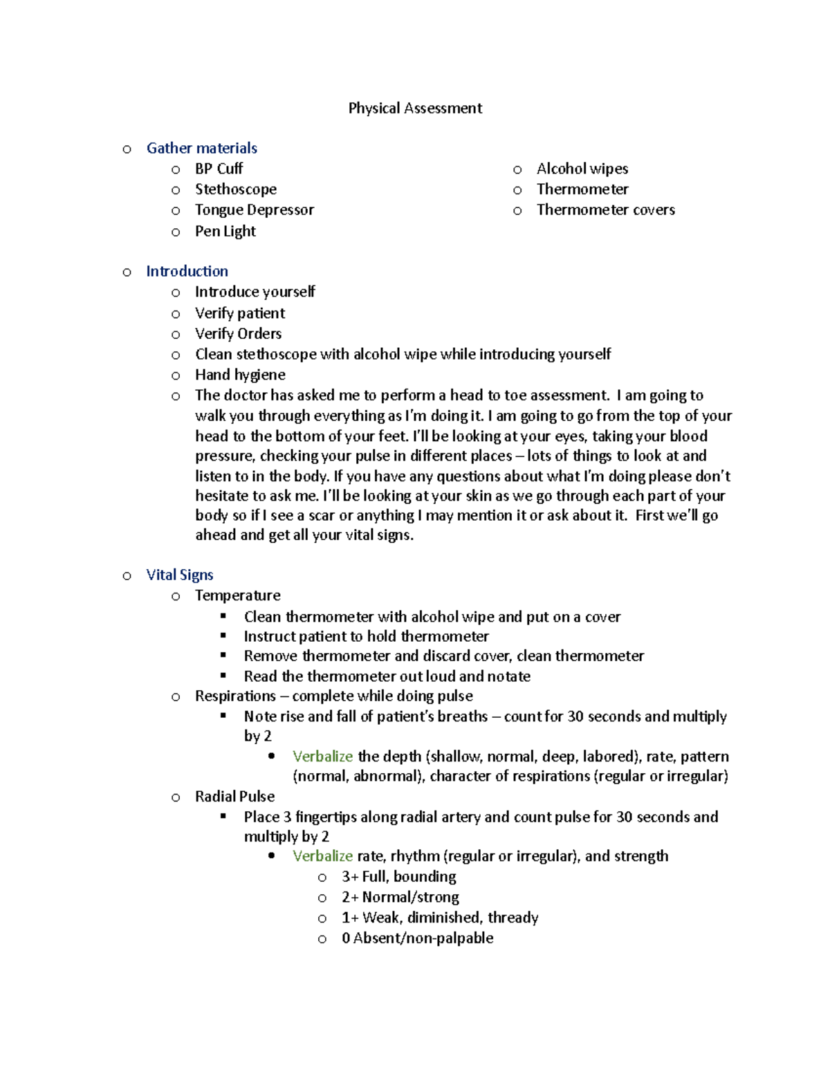Physical Assessment - Skills Checkoff Level 1 - Physical Assessment o ...