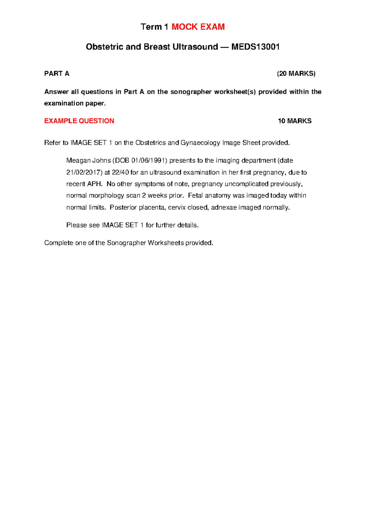 Answers Mock exam - Obstetric and Breast Ultrasound — MEDS PART A (20 ...