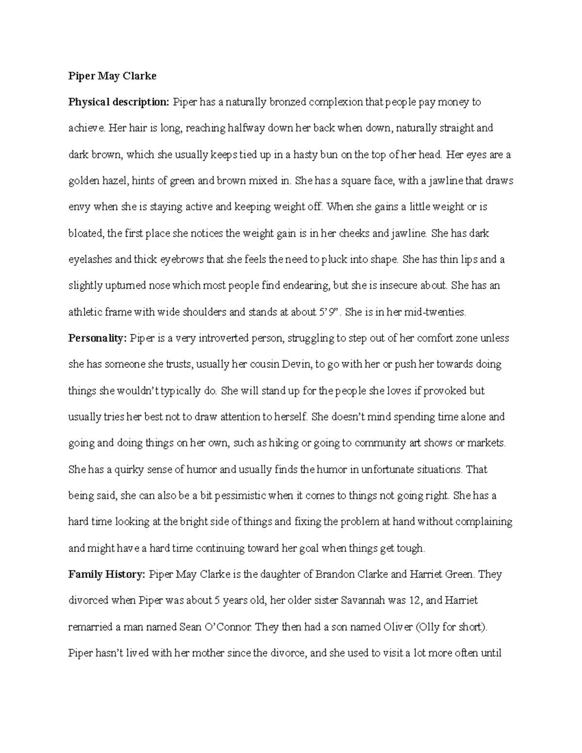 2-2 Character Sketch - RNG - Piper May Clarke Physical description ...
