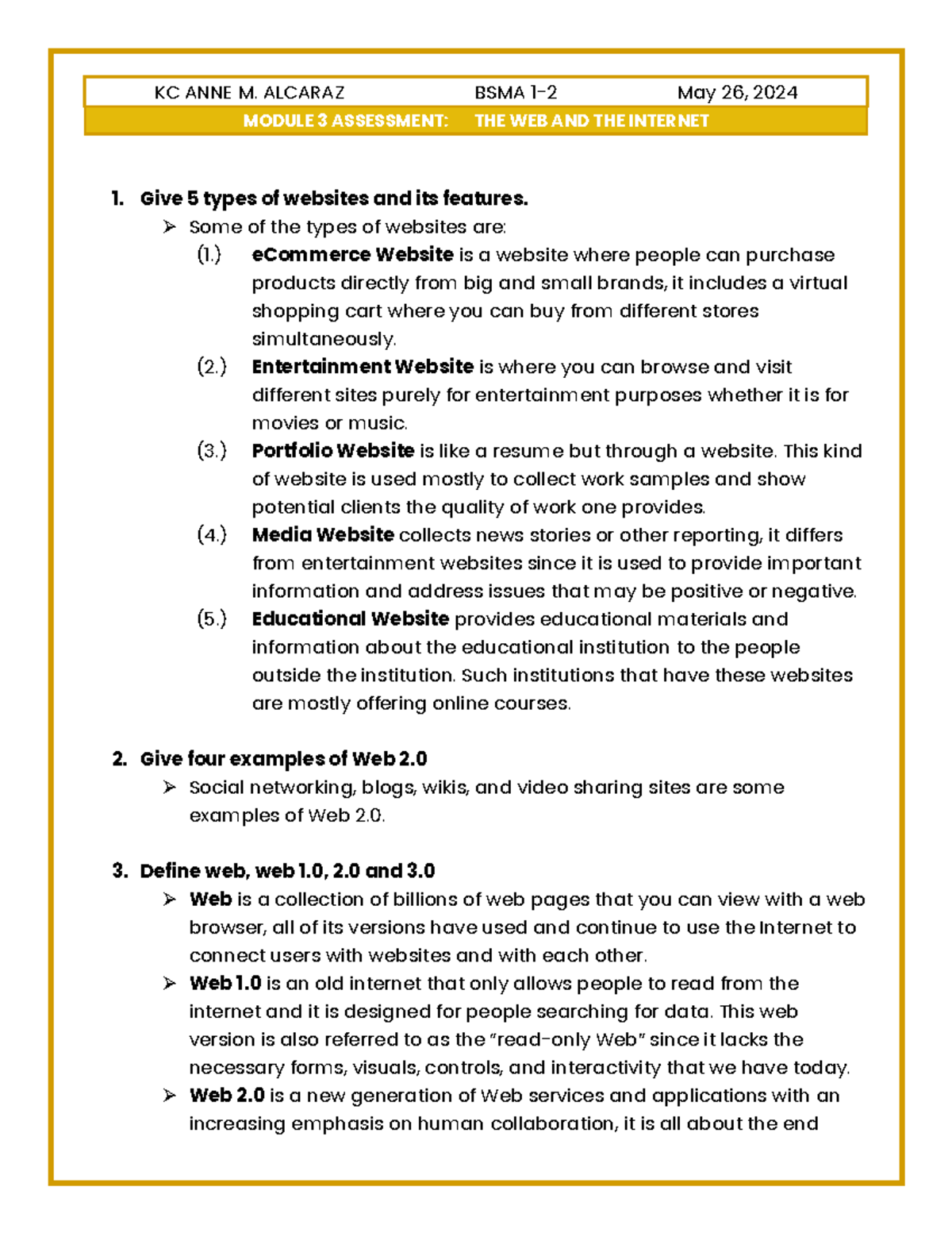 Alcaraz, KC Anne M. - Module 3 - Assessment - Give 5 types of websites ...