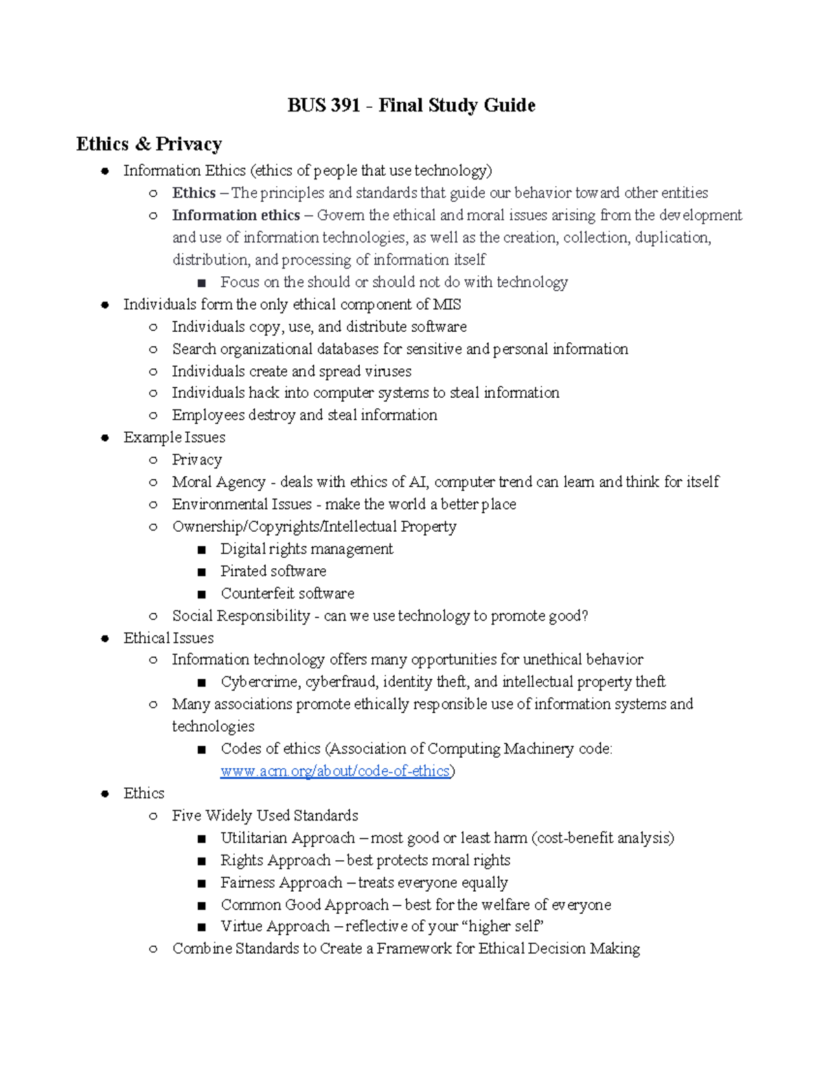BUS 391 - Final Study Guide - BUS 391 - Final Study Guide Ethics ...