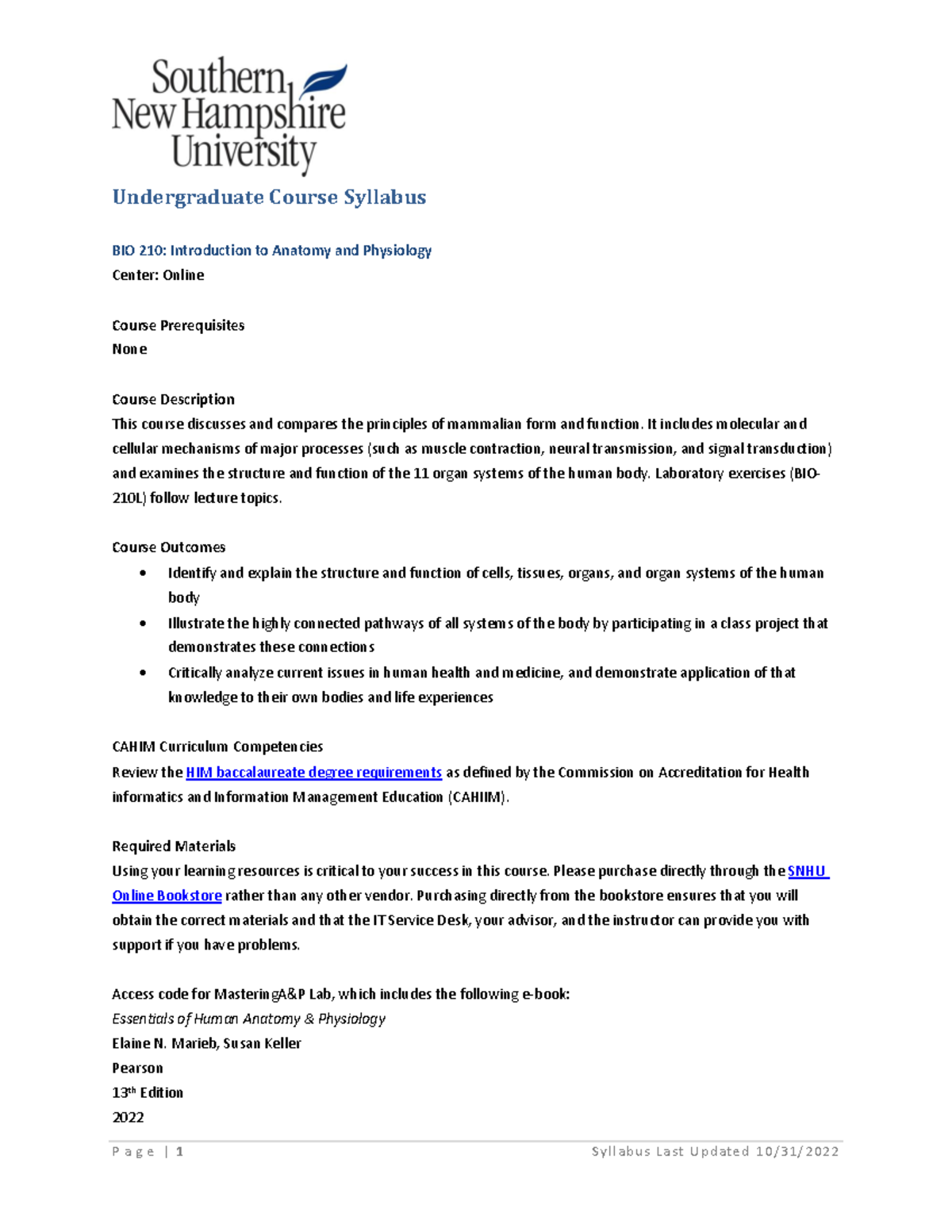 BIO 210 Syllabus - practice notes - Undergraduate Course Syllabus BIO ...