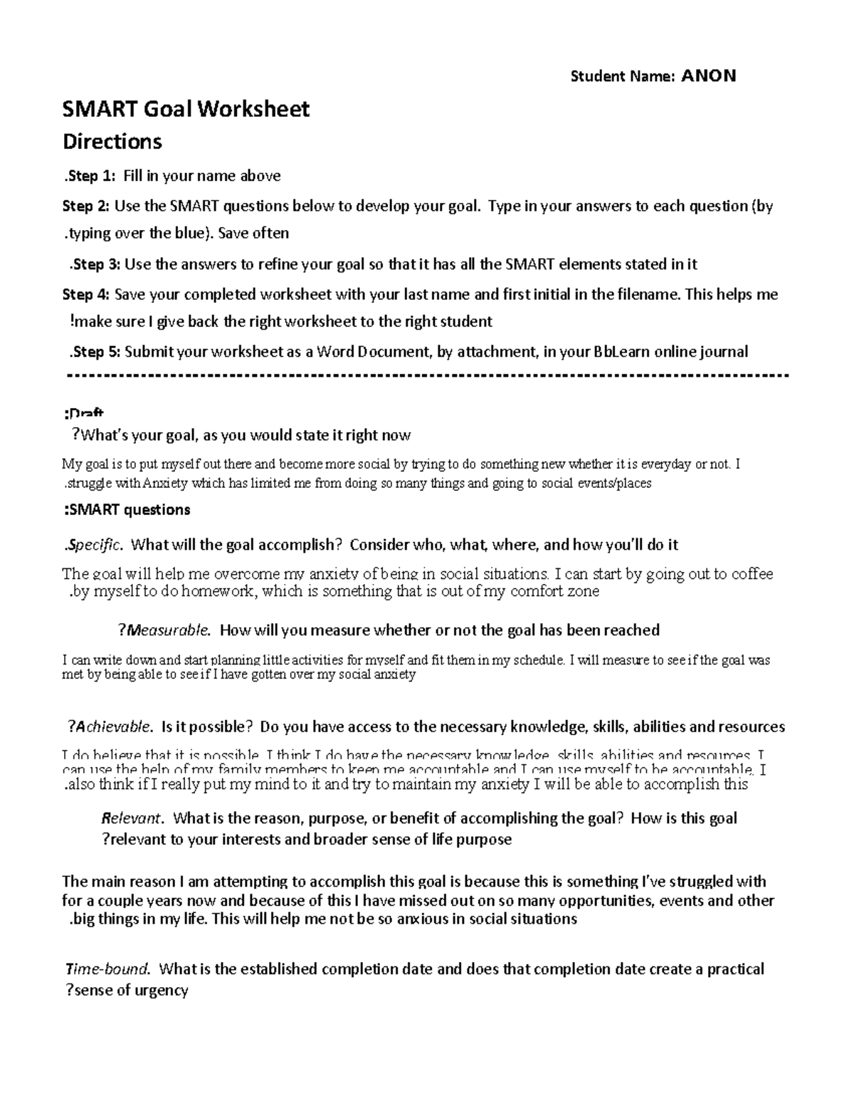 Smart Goal Worksheet PT - Student Name: ANON SMART Goal Worksheet ...