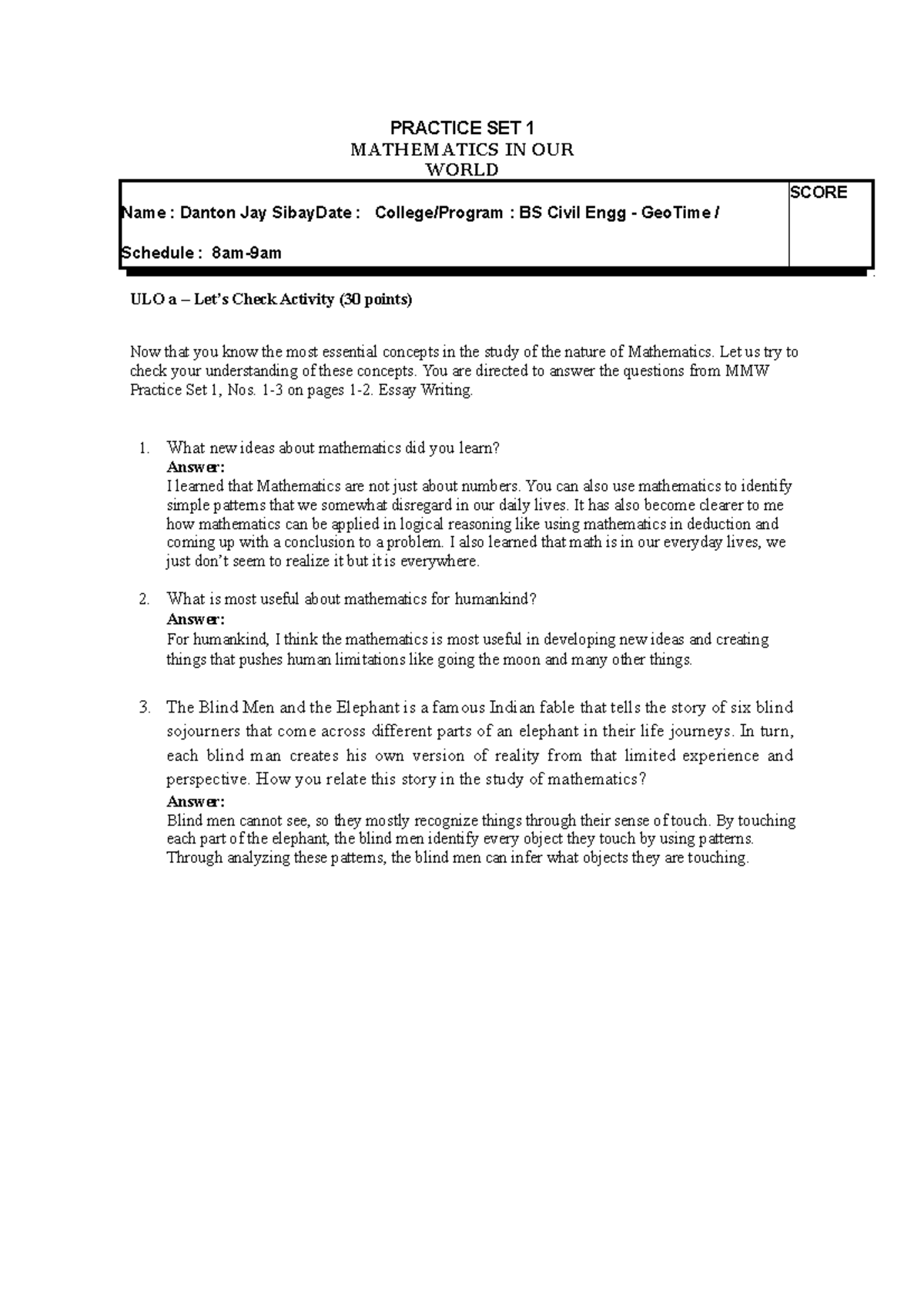 GE4 MMW ULO a - assignment - PRACTICE SET 1 MATHEMATICS IN OUR WORLD ULO a – Let’s Check ...