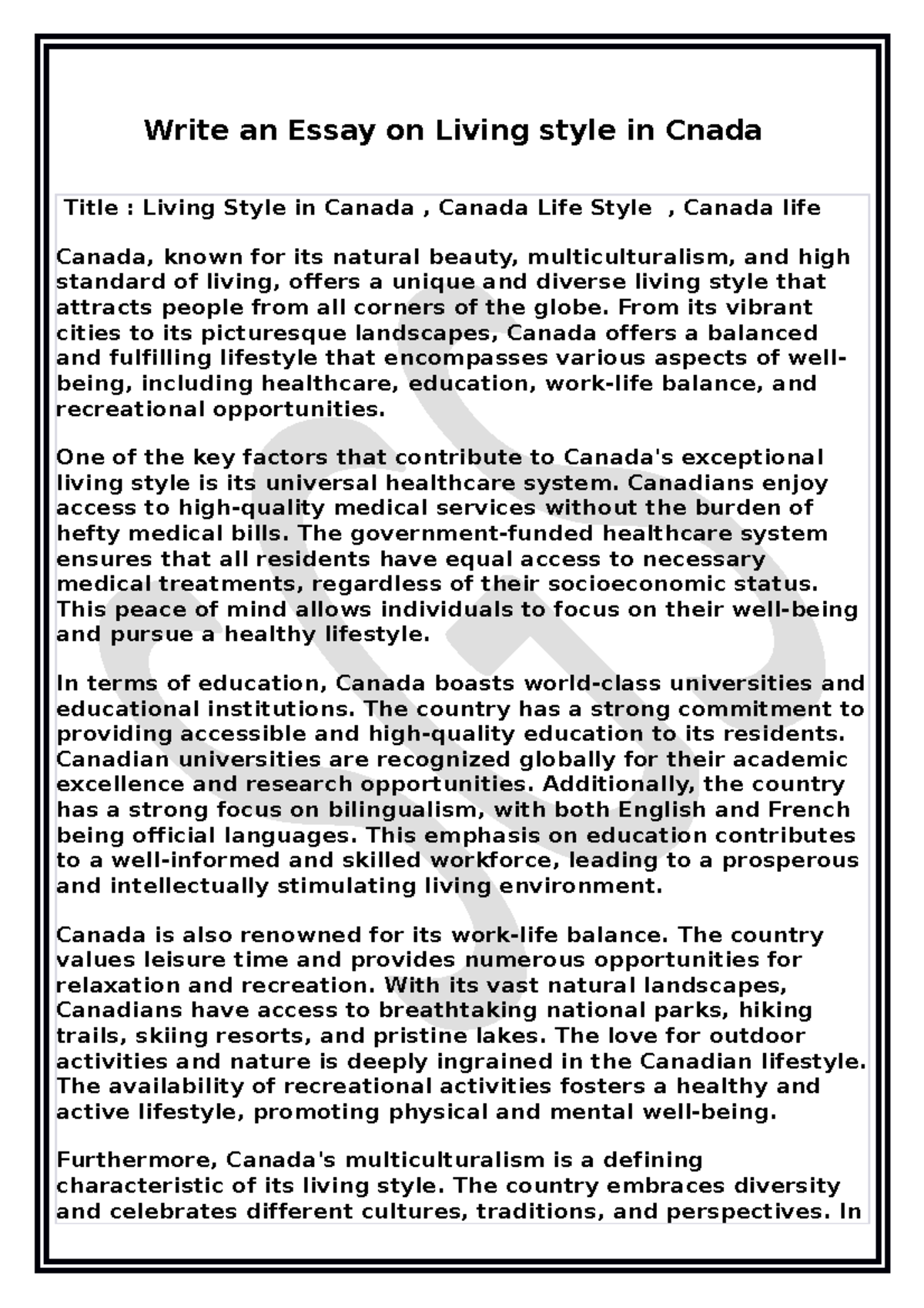 Living Style in Canada , Canada Life Style , Canada life - Write an ...